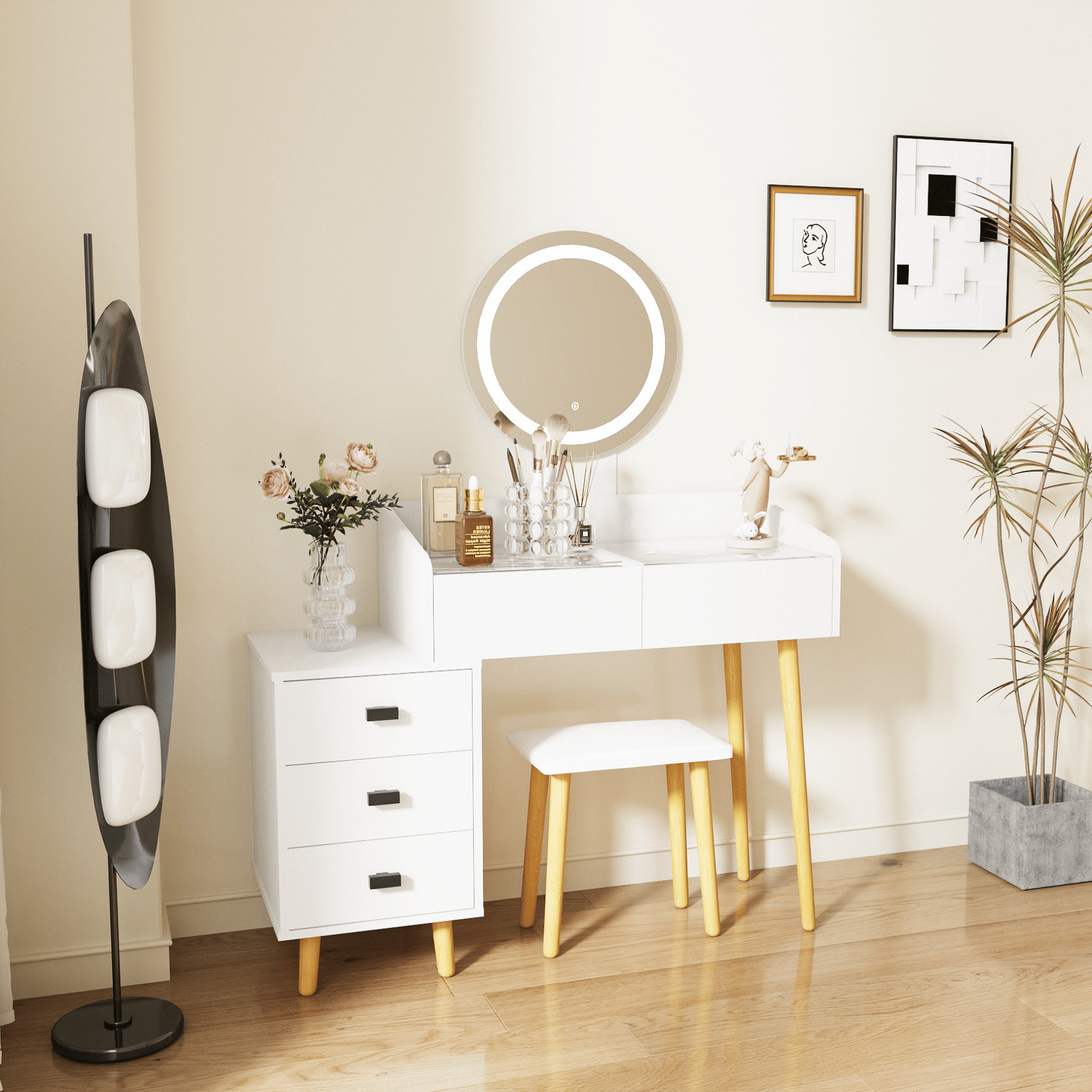 17 Stories Nova 4 Drawer LED Mirror White Dressing Table & Stool Set | Wayfair.co.uk