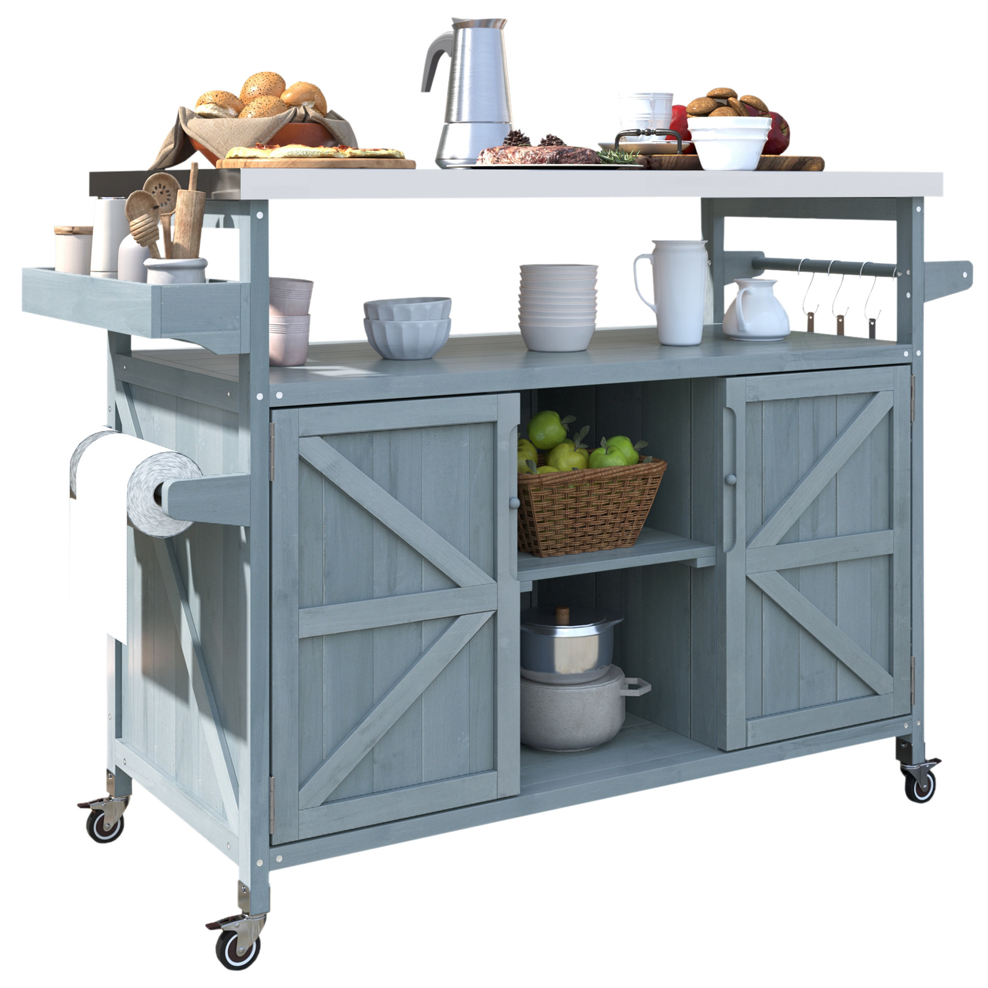 East Urban Home Outdoor Kitchen Island, Rolling Bar Cart & Storage ...