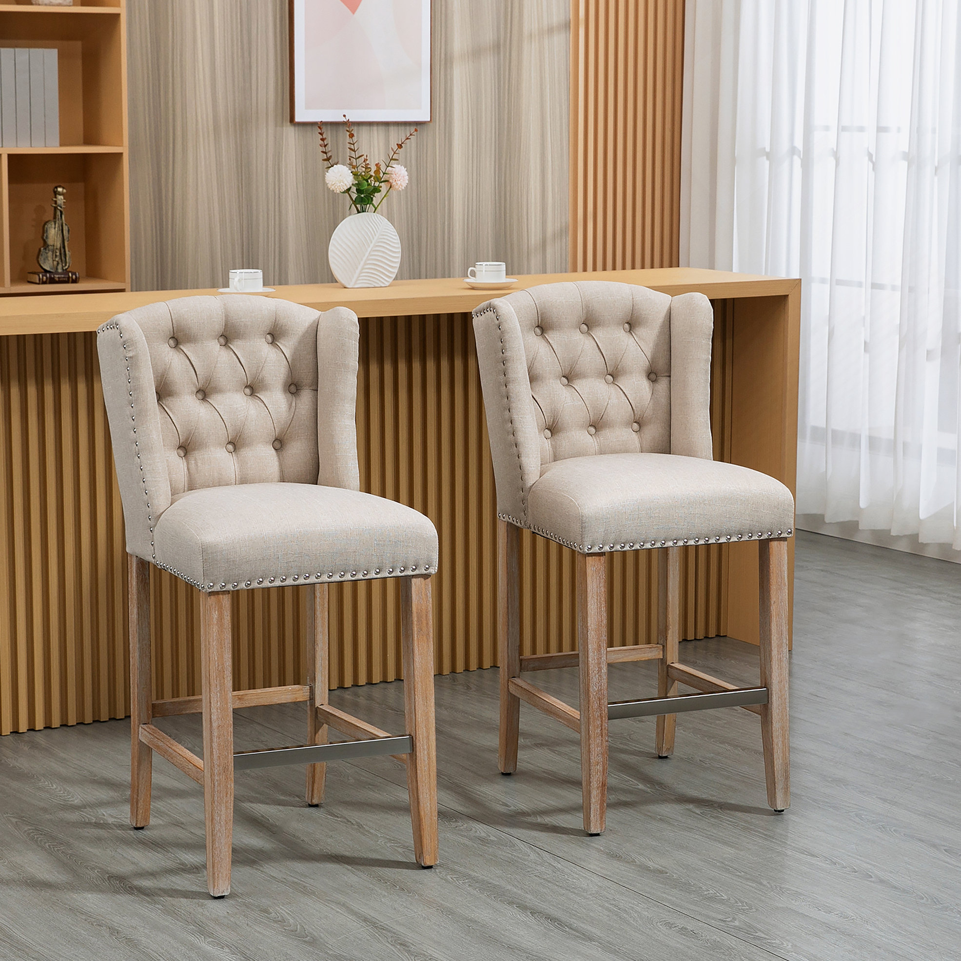 Wildon Home® Counter Height Bar Stools Set of 2 with Wood Legs, Beige ...