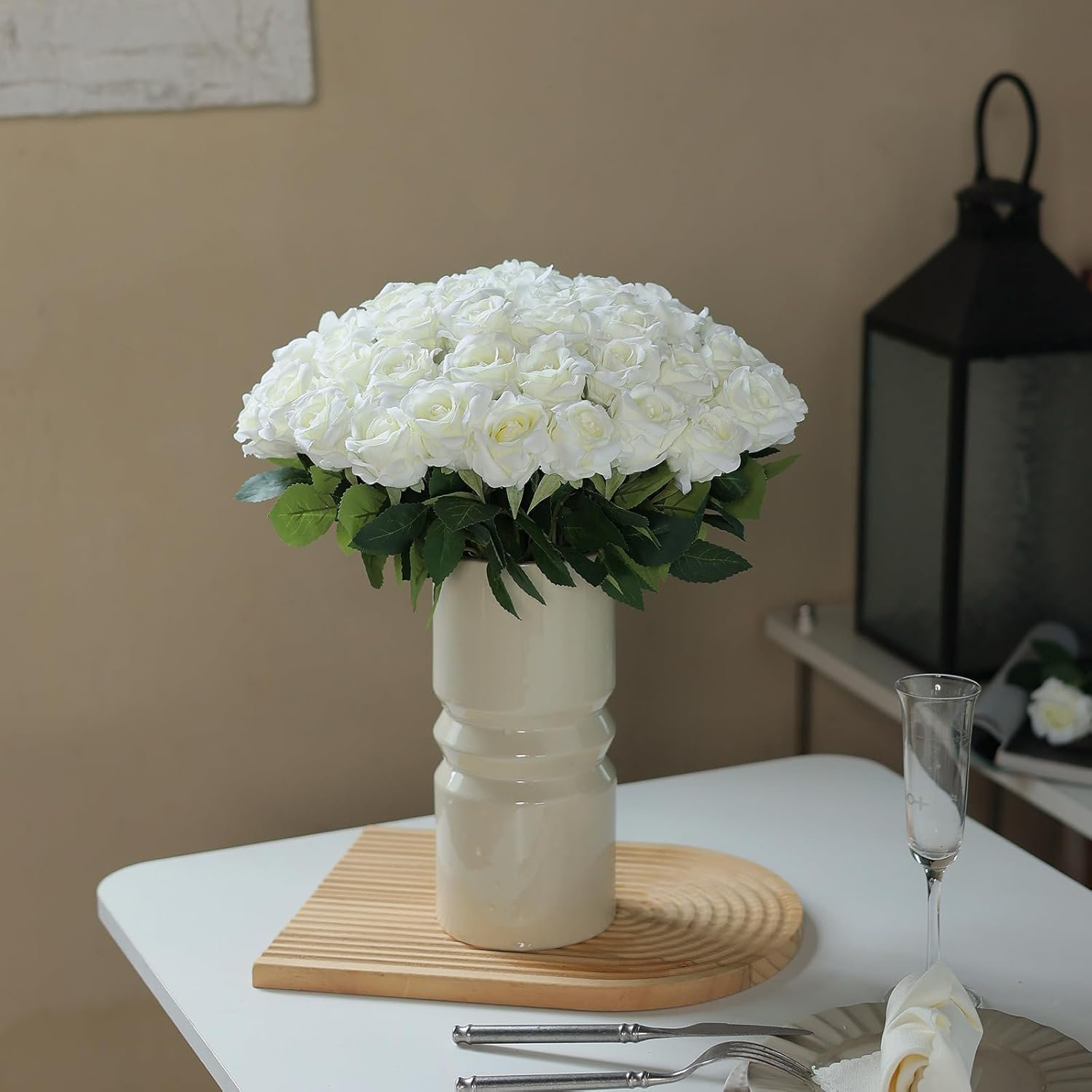 Primrue White Fake Silk Roses Realistic Roses Stem Faux Roses Bouquet ...