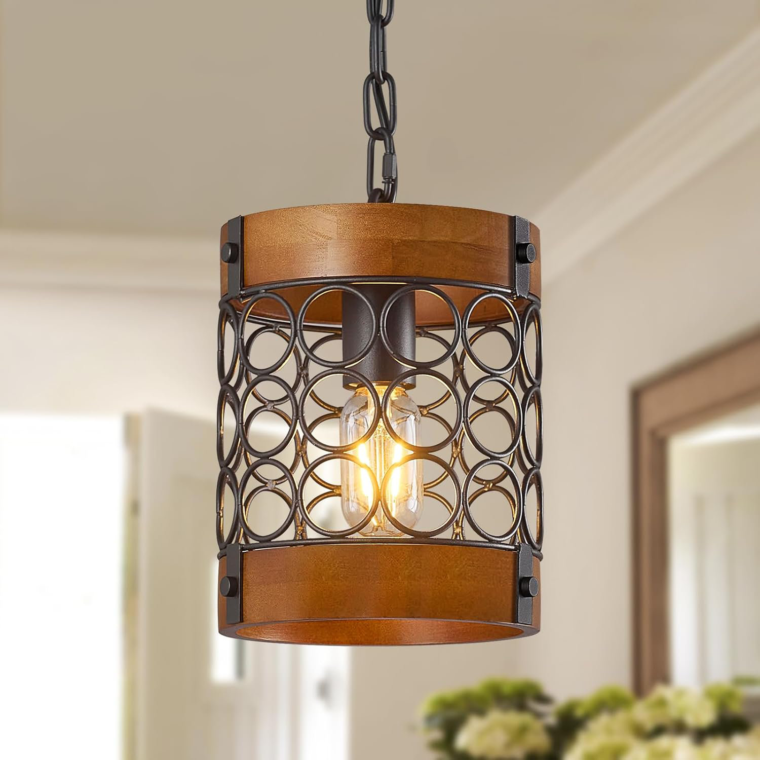17 Stories Round Wood Pendant Light Industrial Metal Rustic Black ...