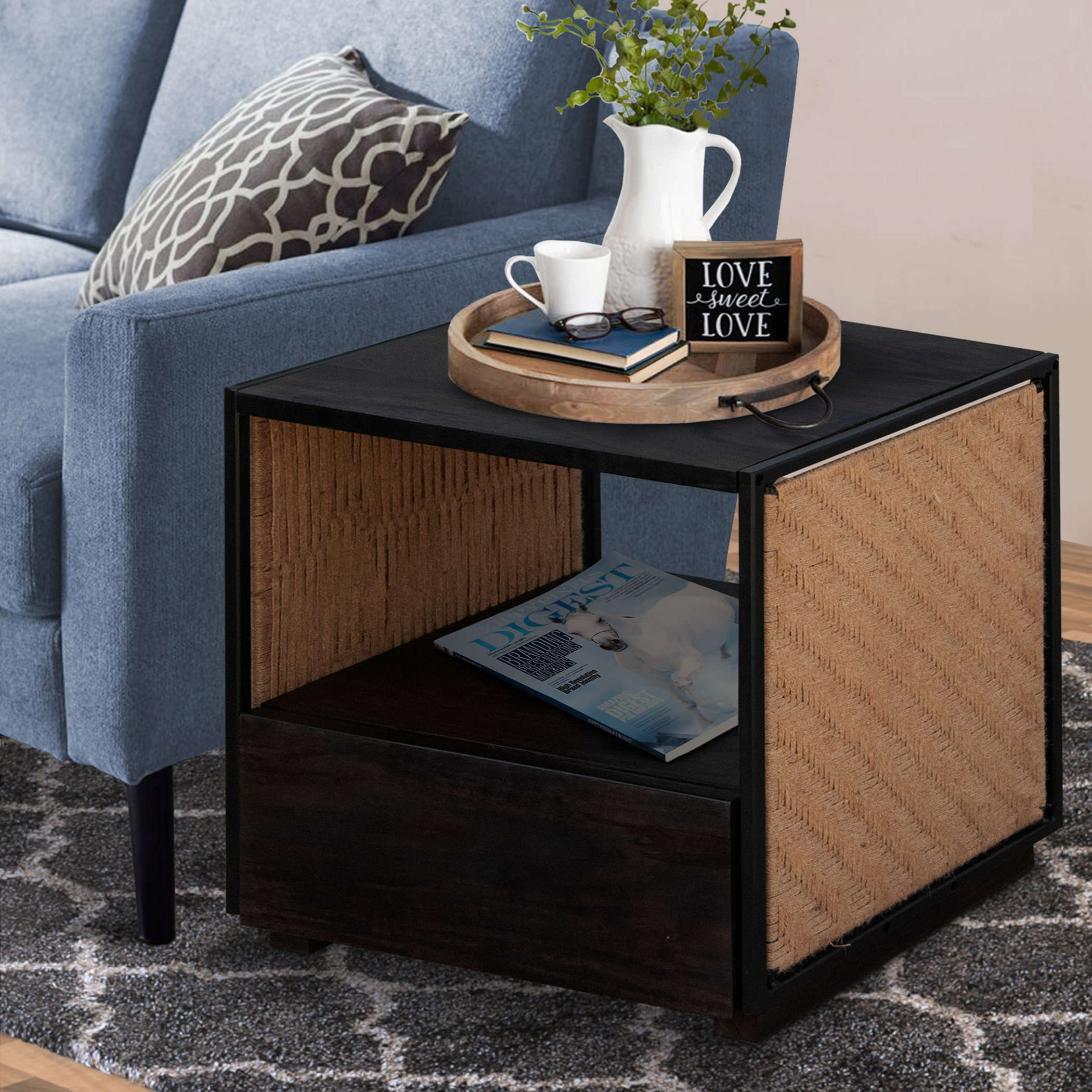 Latitude Run® 21 Inch Handcrafted Acacia Wood Side Table Nightstand ...
