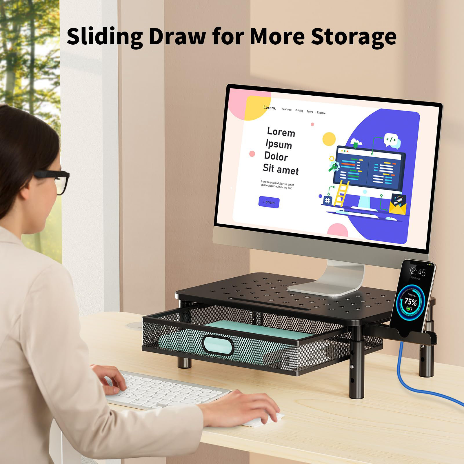 Latitude Run® 2-Piece Monitor Stand Lifter With Metal Drawer, 3 Height ...