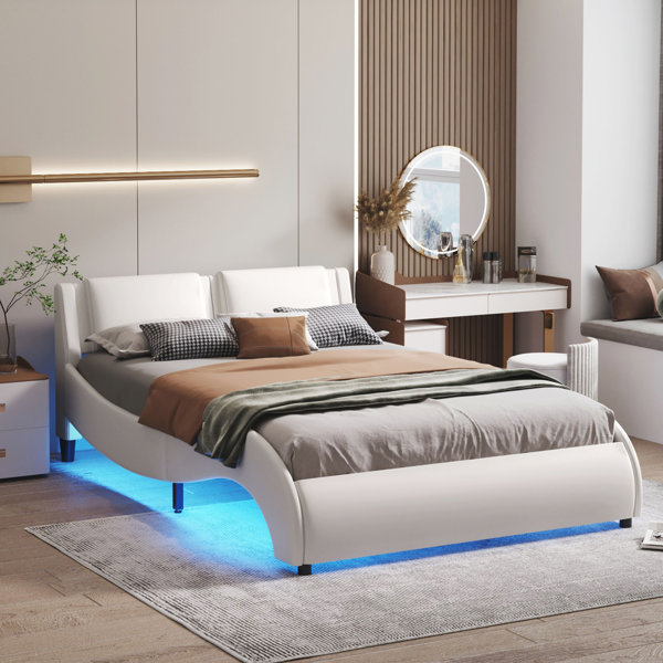 Ivy Bronx Upholstered Faux Leather Platform Bed with LED Light Bed ...