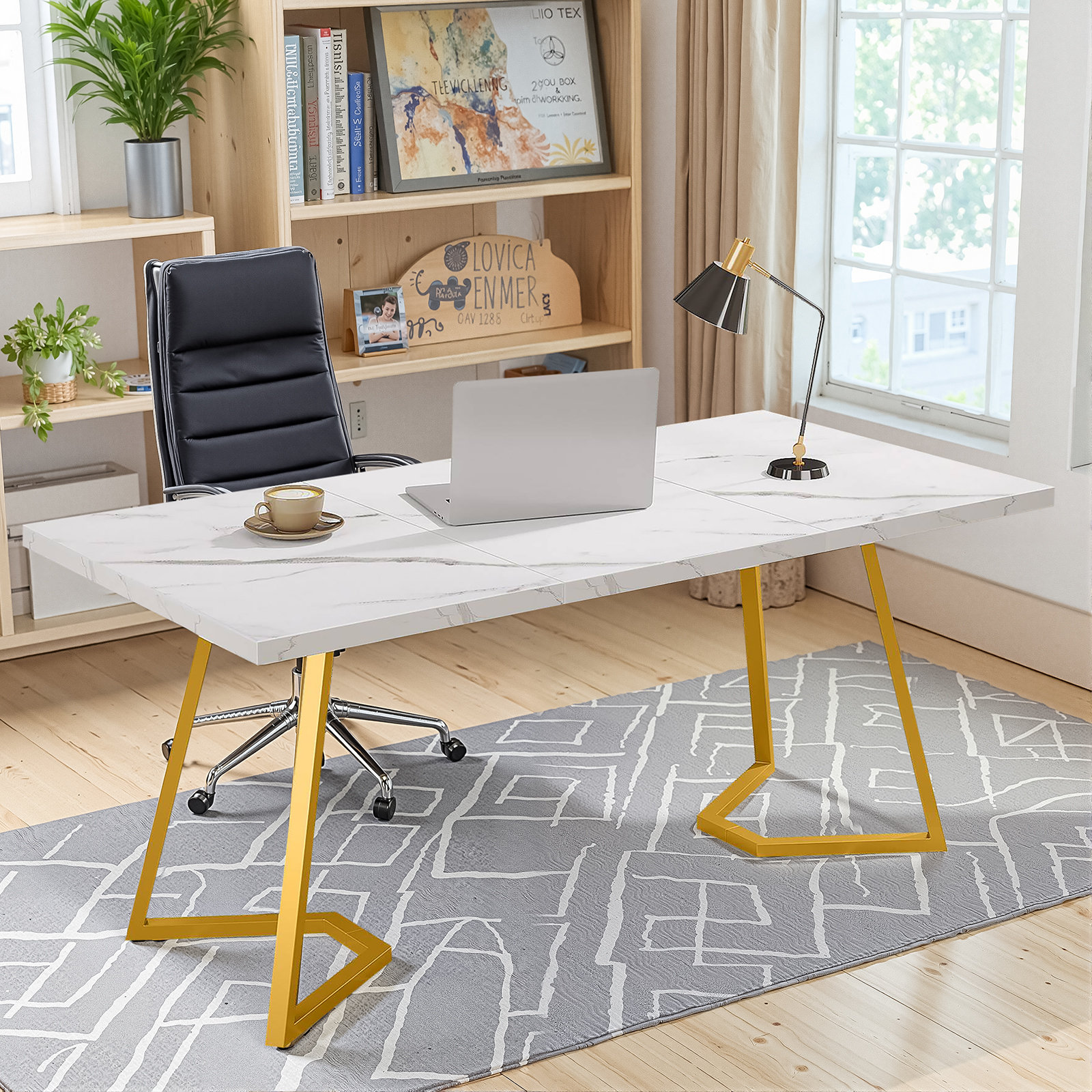 Mercer41 55.12"L x 31.5"W Faux Marble & Metal Rectangular Desk/Dining ...