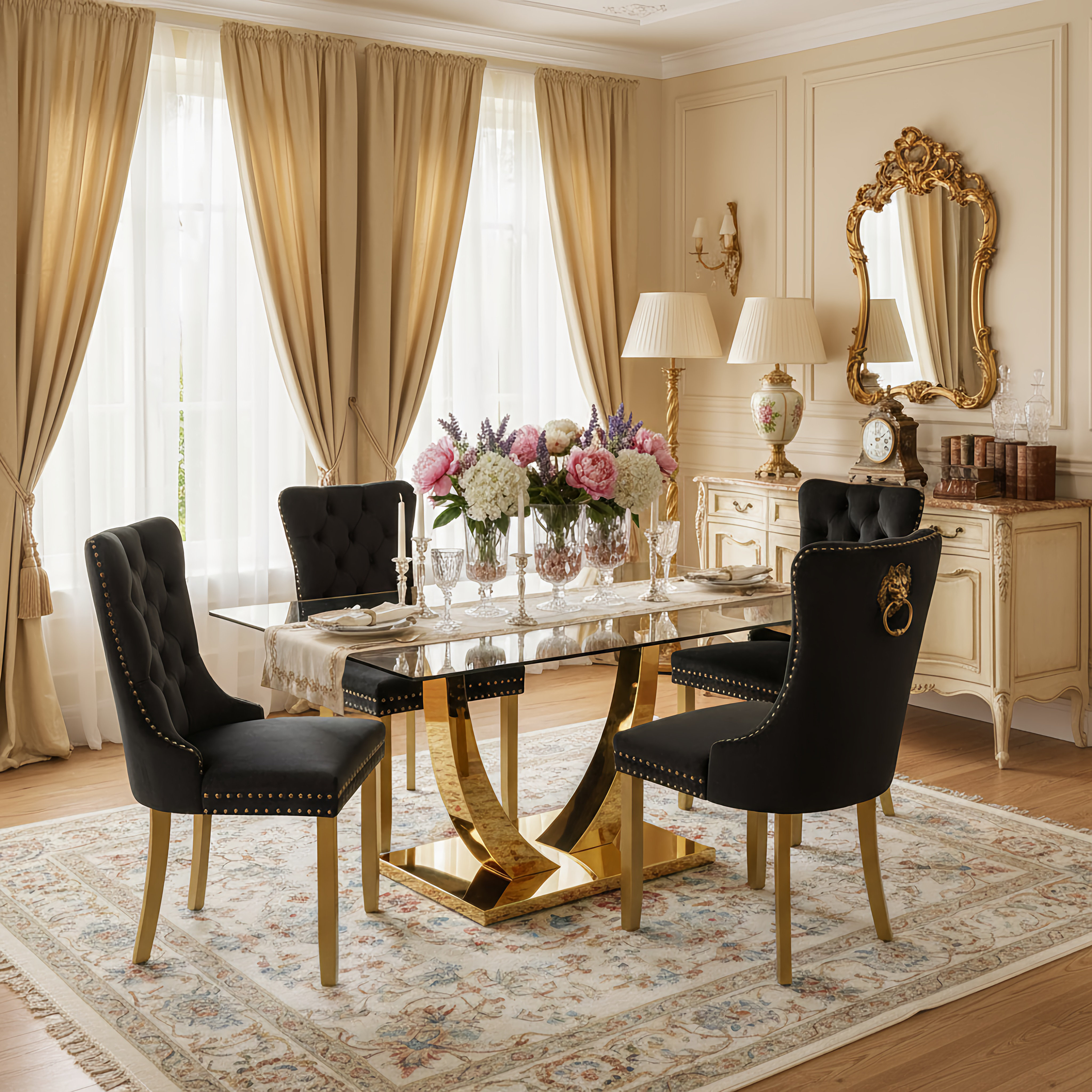 House of Hampton Aurelia Home Mid-Century Rectangular Tempered Glass Dining Table Set Golden V ...