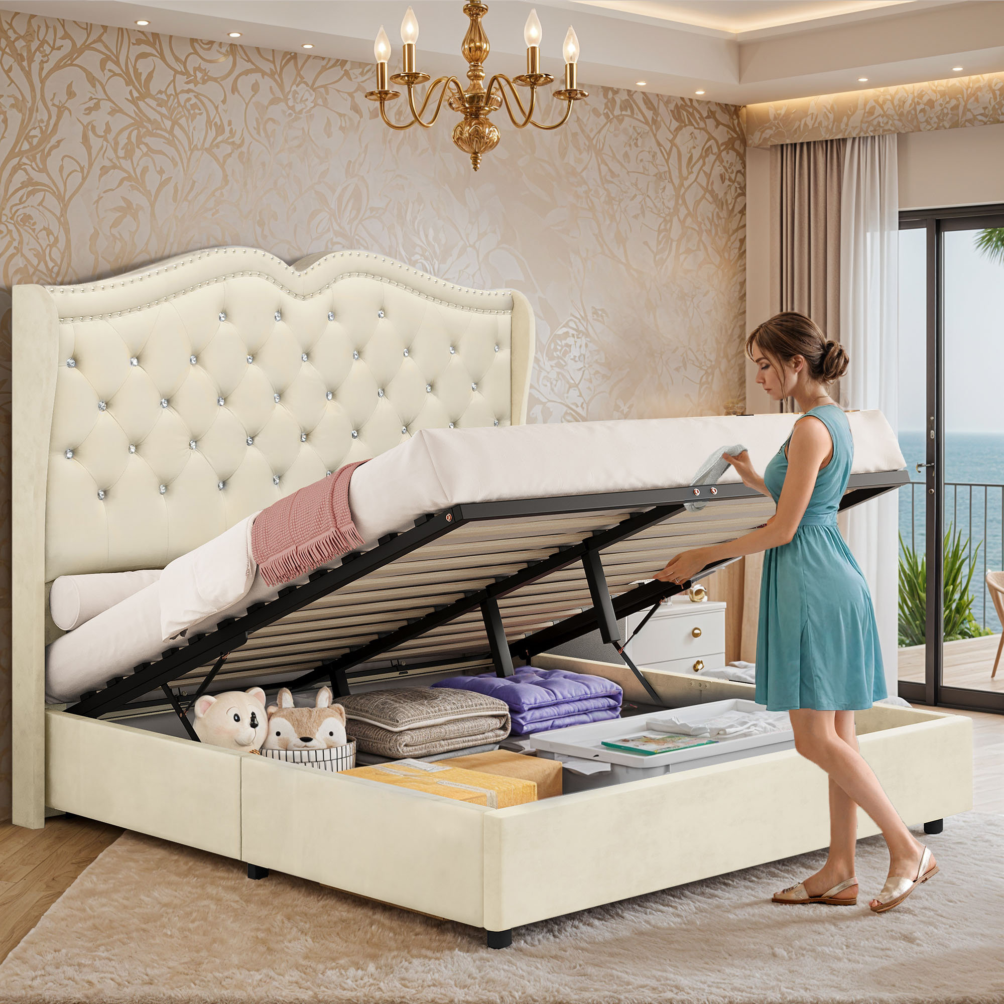 House of Hampton Ansis Upholstered Metal Wingback Storage Bed - Wayfair ...