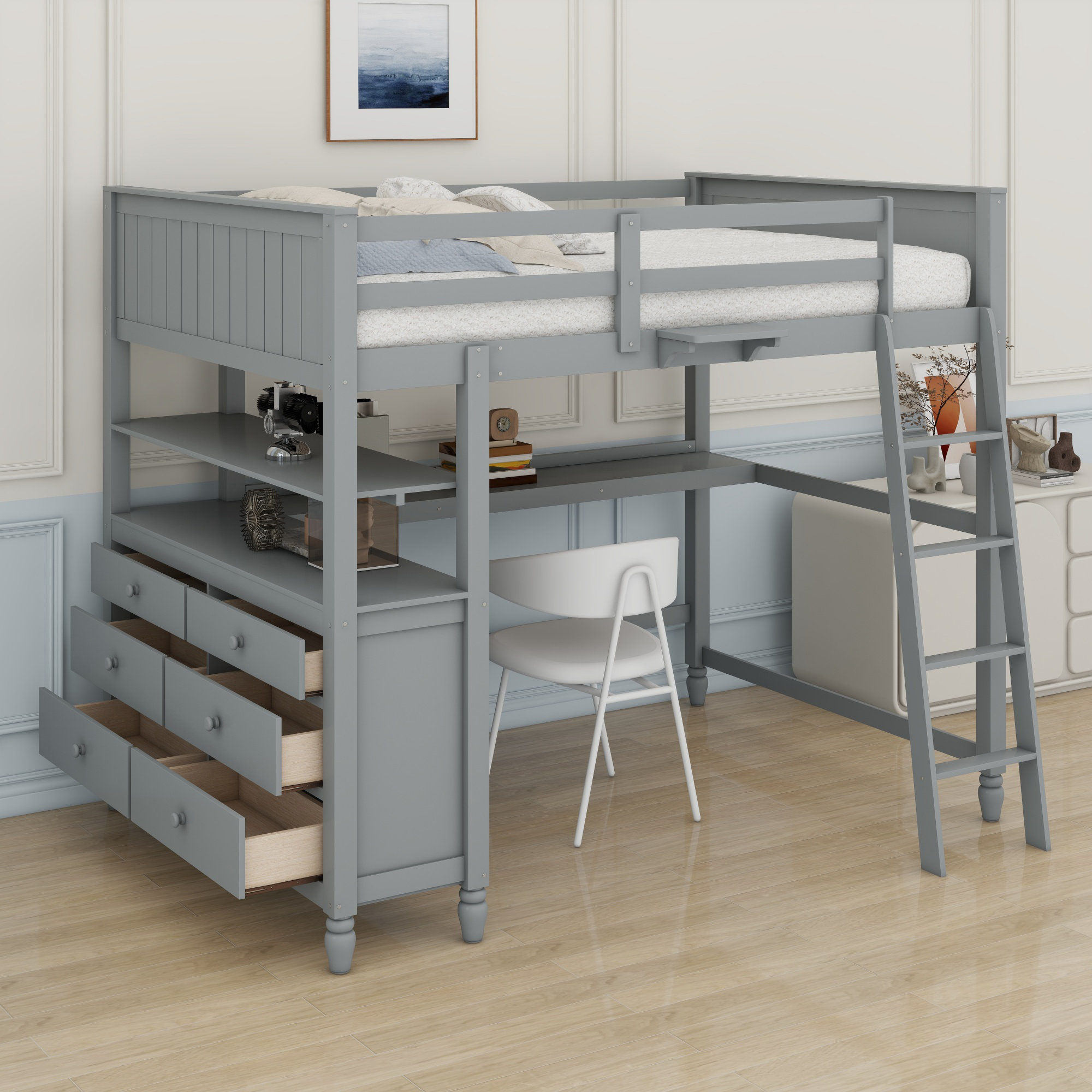 Harriet Bee Loft Bed With Drawers And Desk, Wooden Loft Bed With ...
