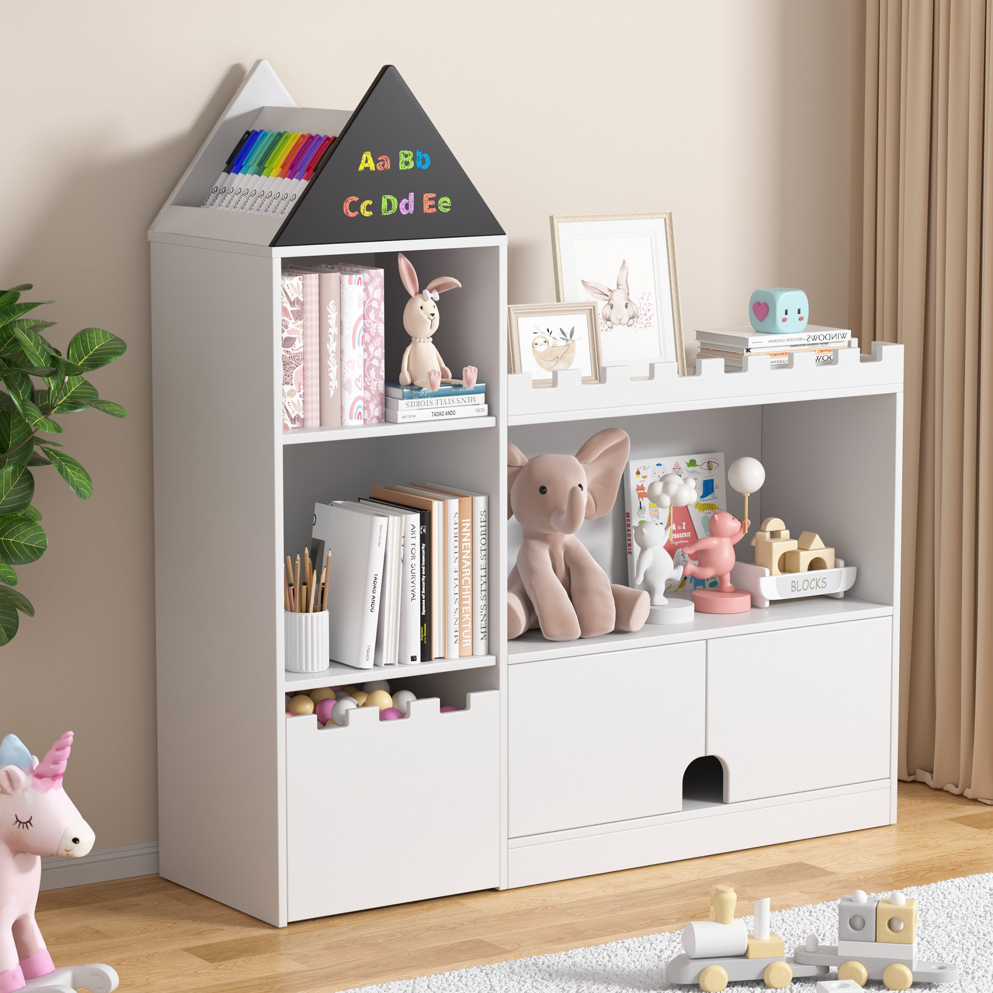 ANGGREK 39.4’’ H x38.8’’ W Kids Castle Bookcases with Removable Drawers ...