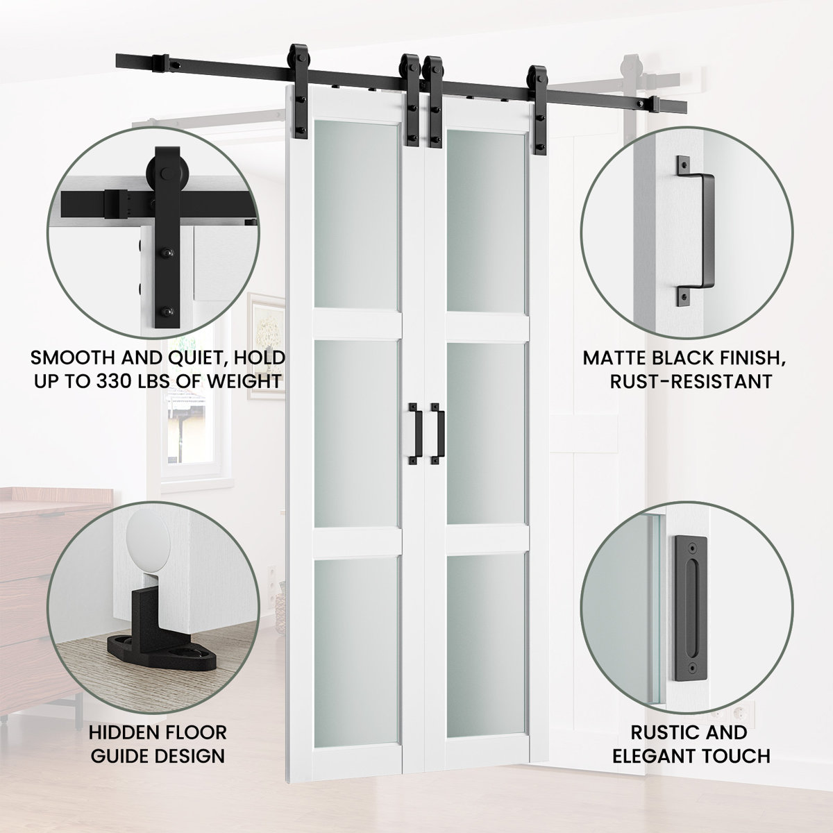 SMARTSTANDARD 3-Lite Frosted Glass Paneled Double Sliding Barn Doors ...