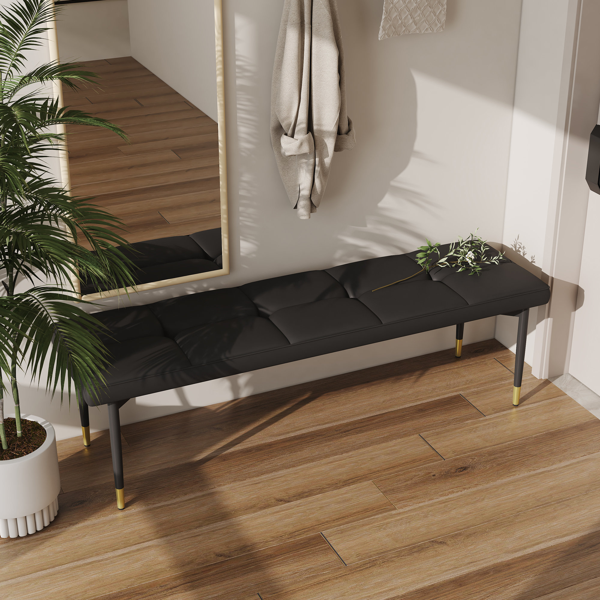 Mercer41 Elegant Tufted Upholstered Bench With Gold-Tipped Legs, Black ...