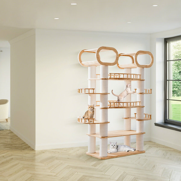 KZLAA 76.7 H Large Solid Wood Cat Tree Multi-Level Tall Cat Tower Cat ...