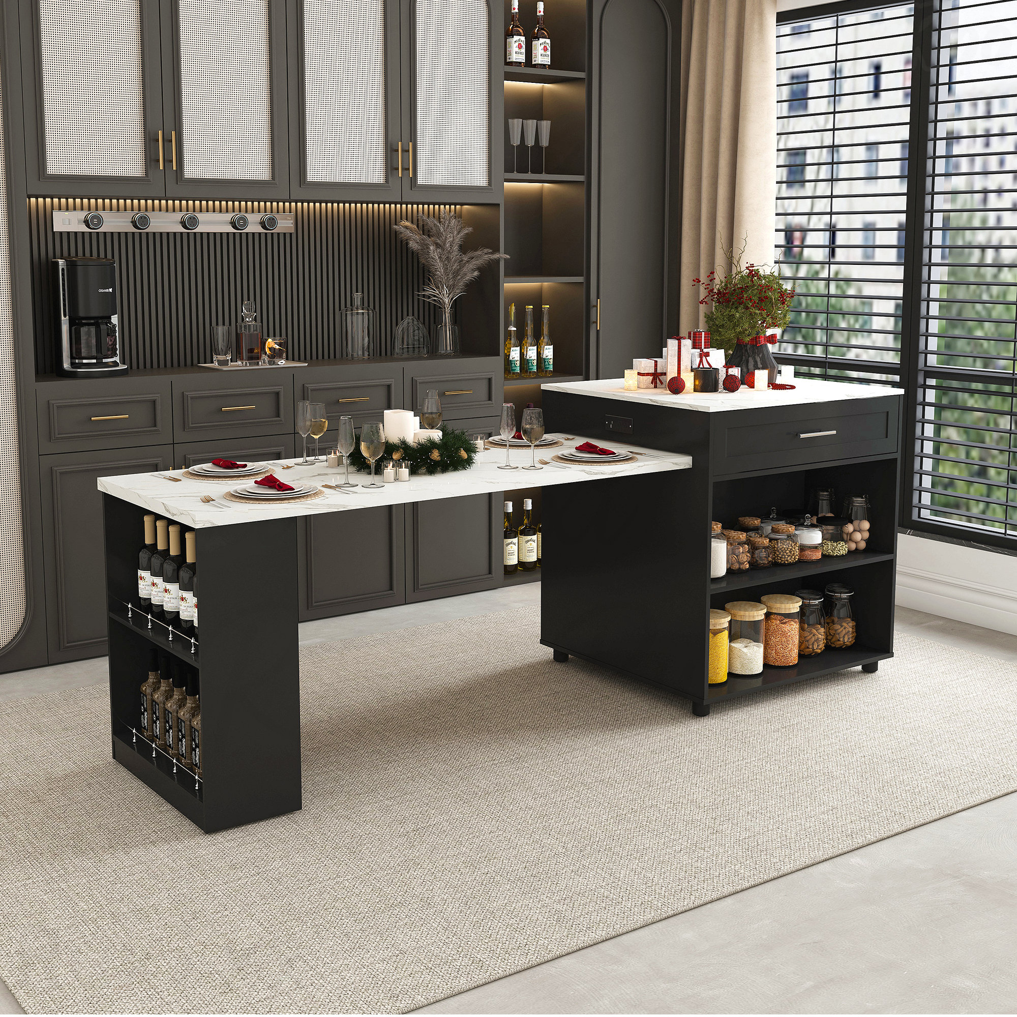 Latitude Run® 80-Inch Expandable Kitchen Island Dining Table Marble ...