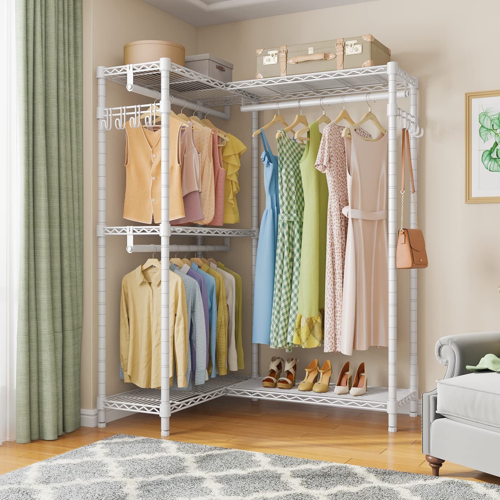 FEIYAN Garment Rack L Shaped Clothes Rack For Corner, Freestanding ...