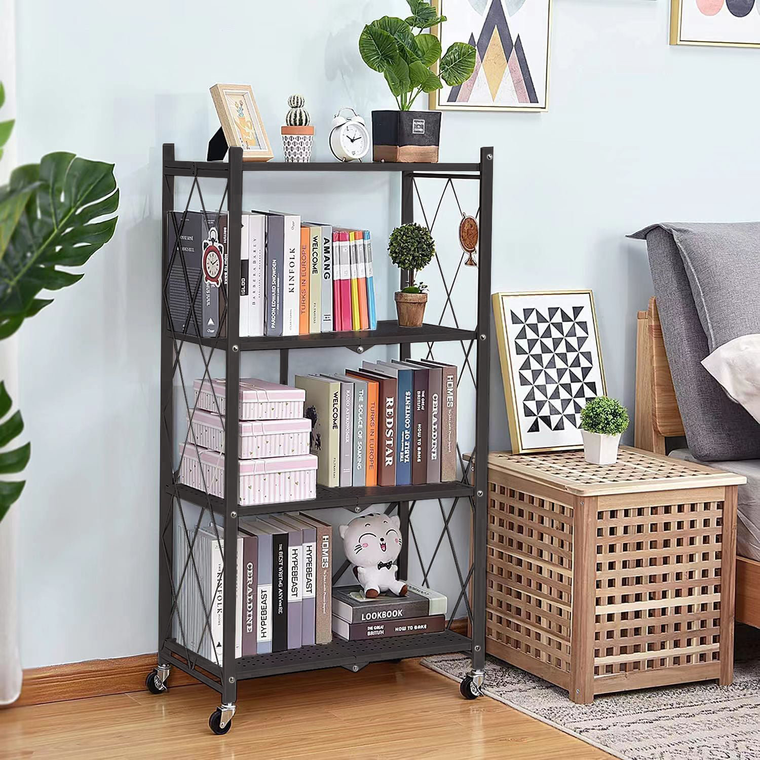 Rebrilliant 4-Tier Storage Shelves Foldable Shelf with Wheels, Garage ...