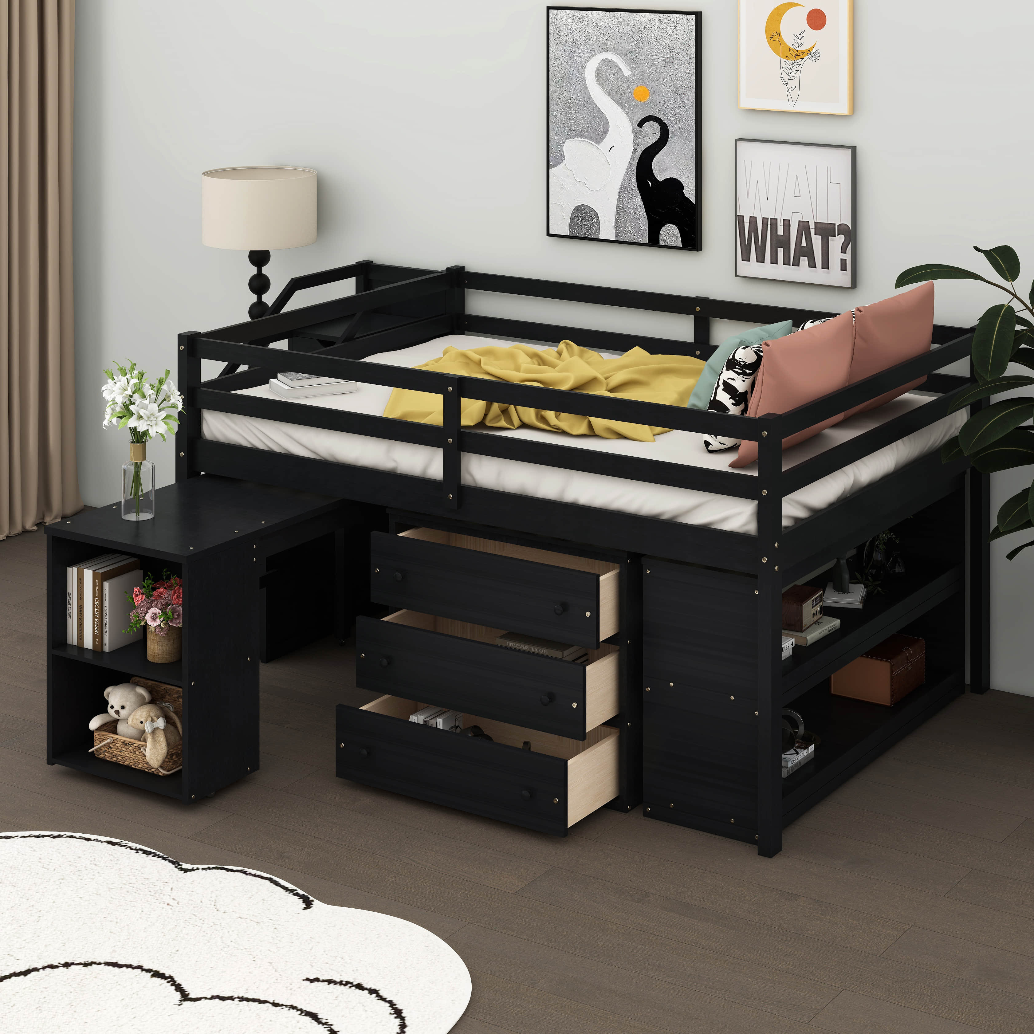 Harriet Bee Full Size Loft Bed With Retractable Writing Desk And 3 ...
