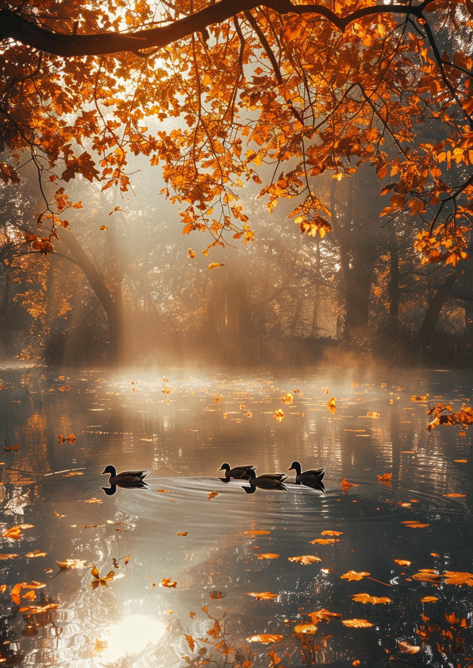 Millwood Pines Morning Mist on the Lake: Ducks Swimming Under Falling ...