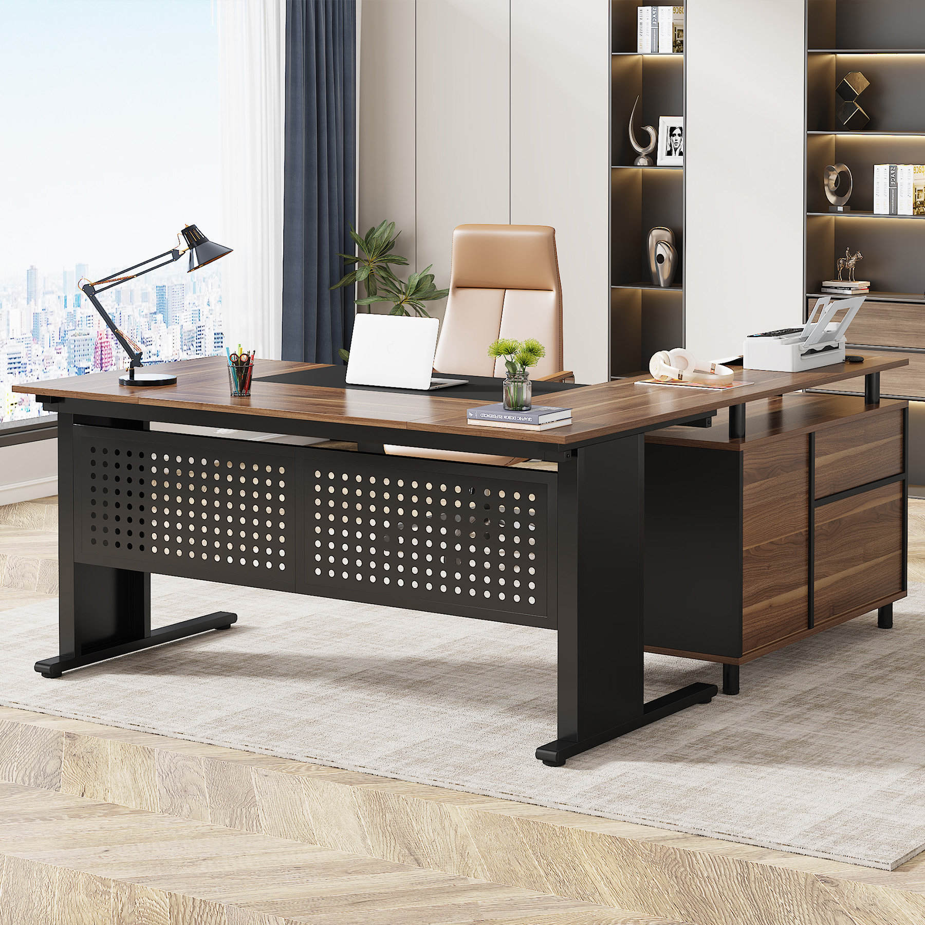 17 Stories Ottovile 63'' W Executive Desk with File Cabinet for Home ...