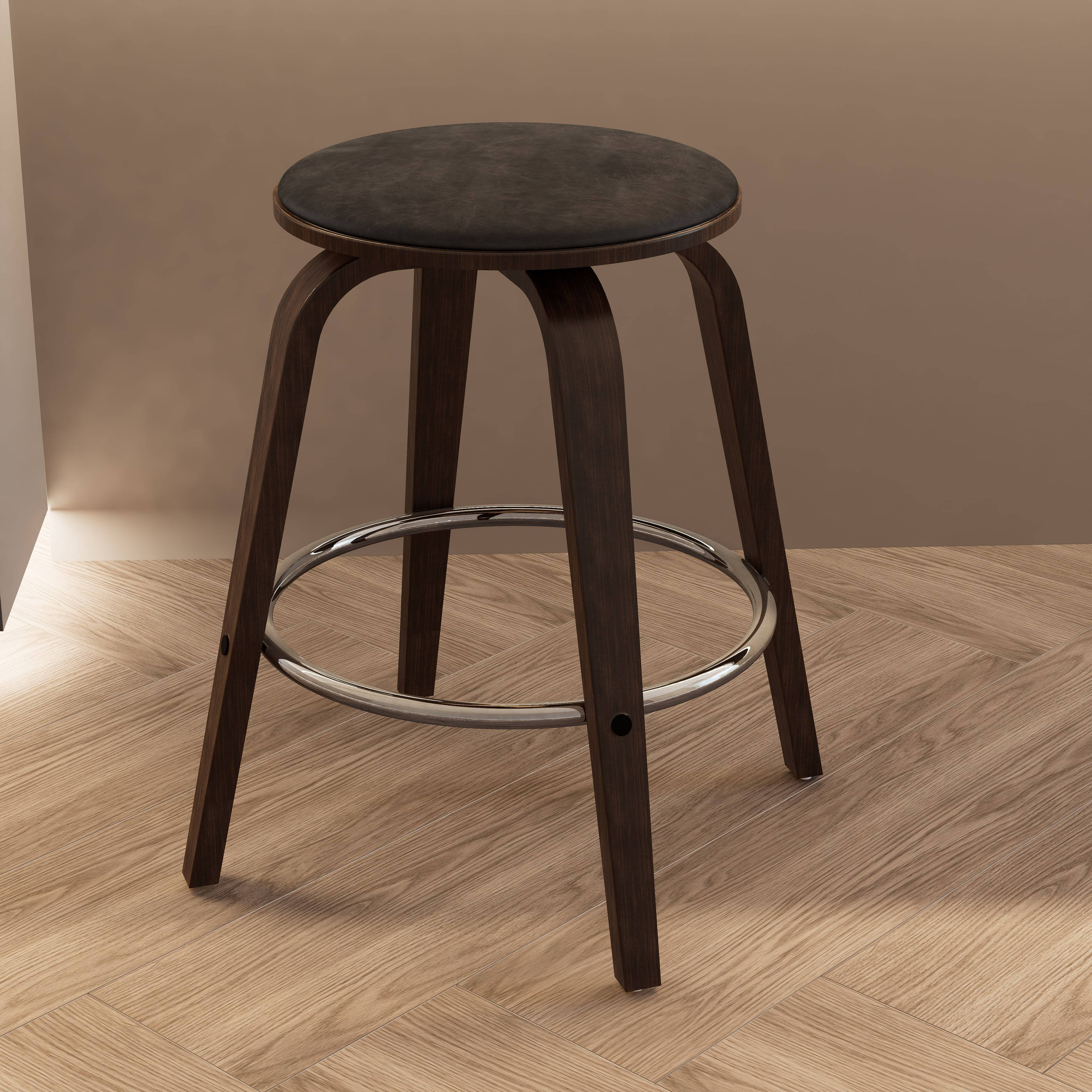 George Oliver Hoxha Leather Round Counter Stool With Stained Poplar ...