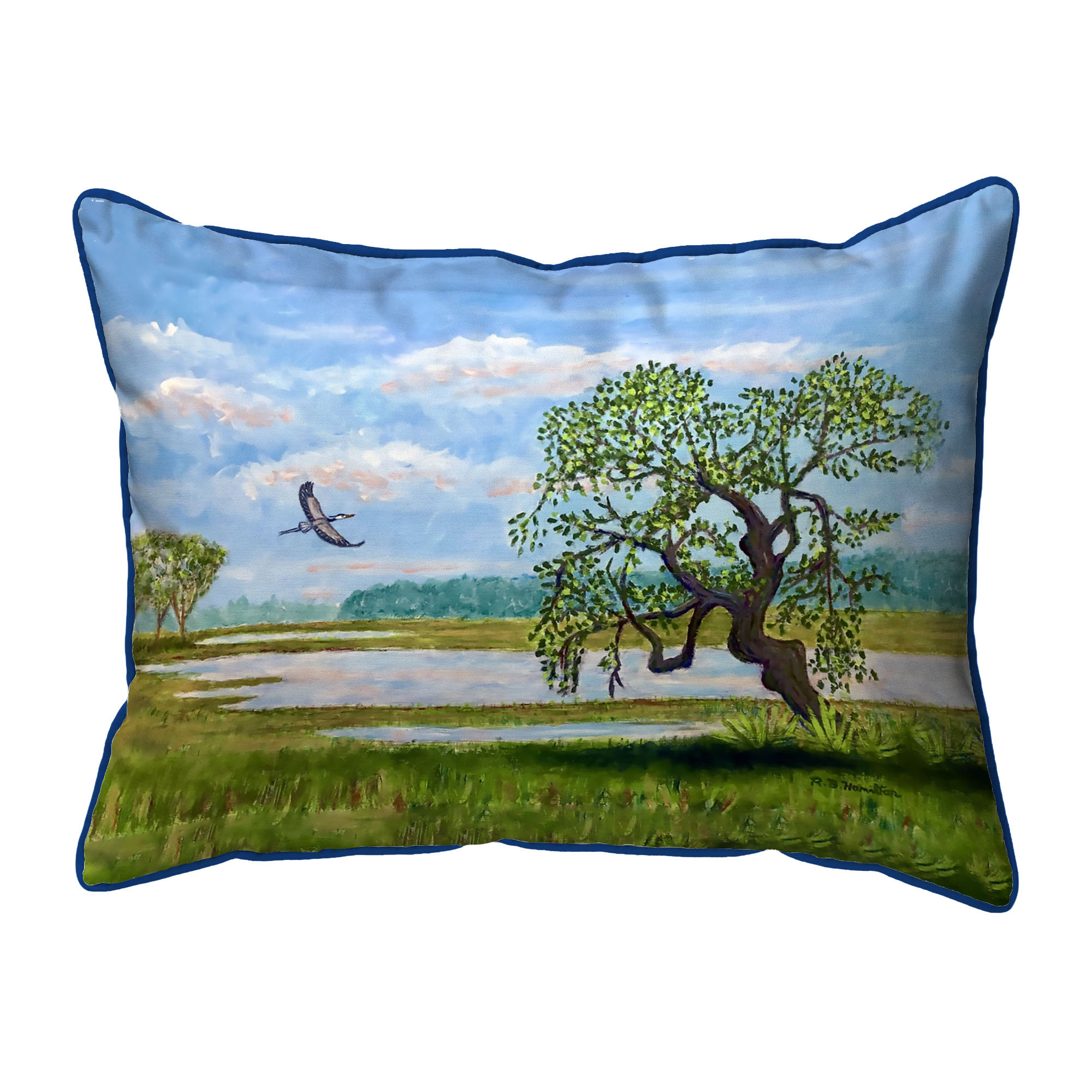Betsy Drake Interiors Blue Heron Over Marsh Indoor/Outdoor Pillow | Wayfair