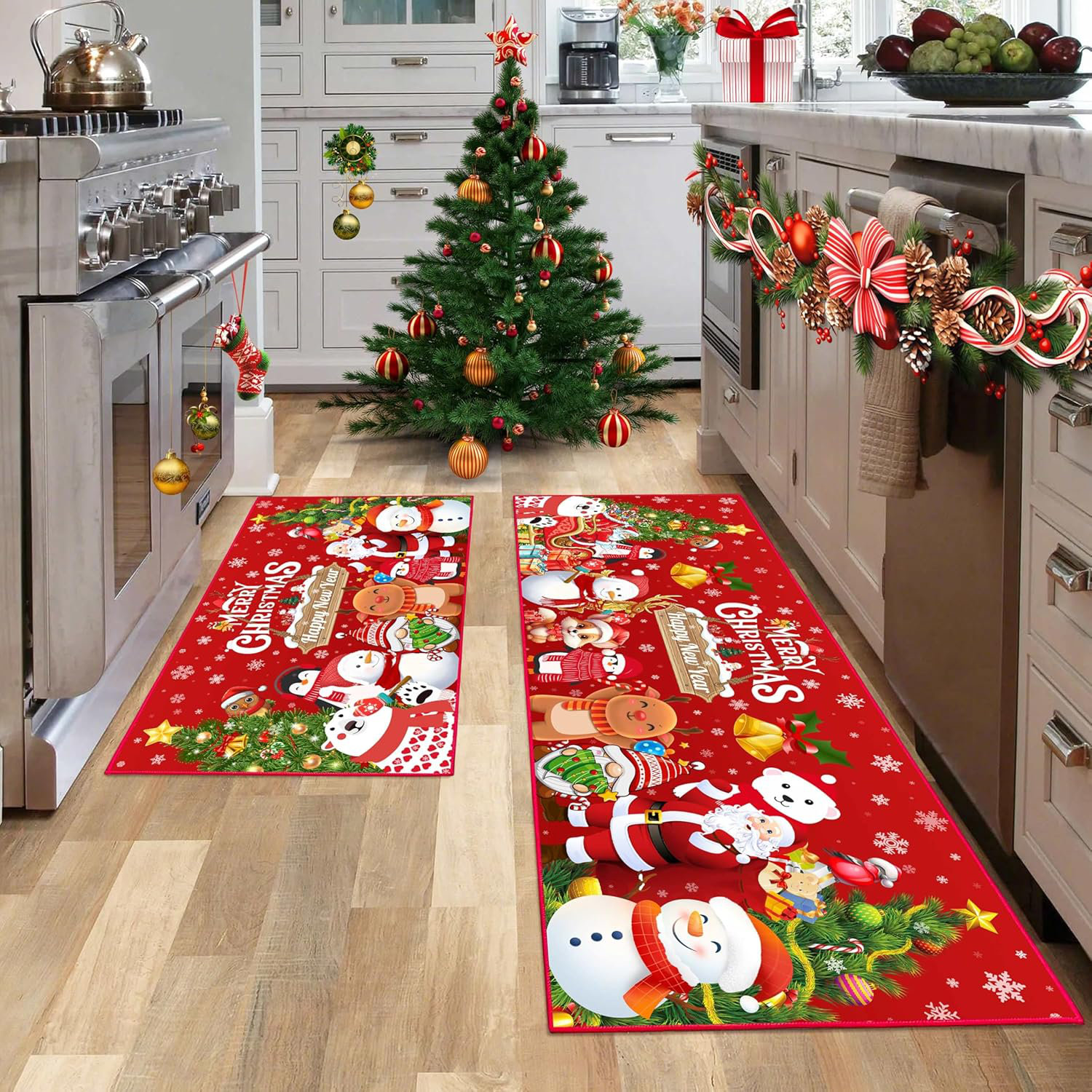 Wade Logan® Chazmine 2 Pcs Christmas Kitchen Non-Slip Rugs And Mats 17X47+17X30 Inches | Wayfair