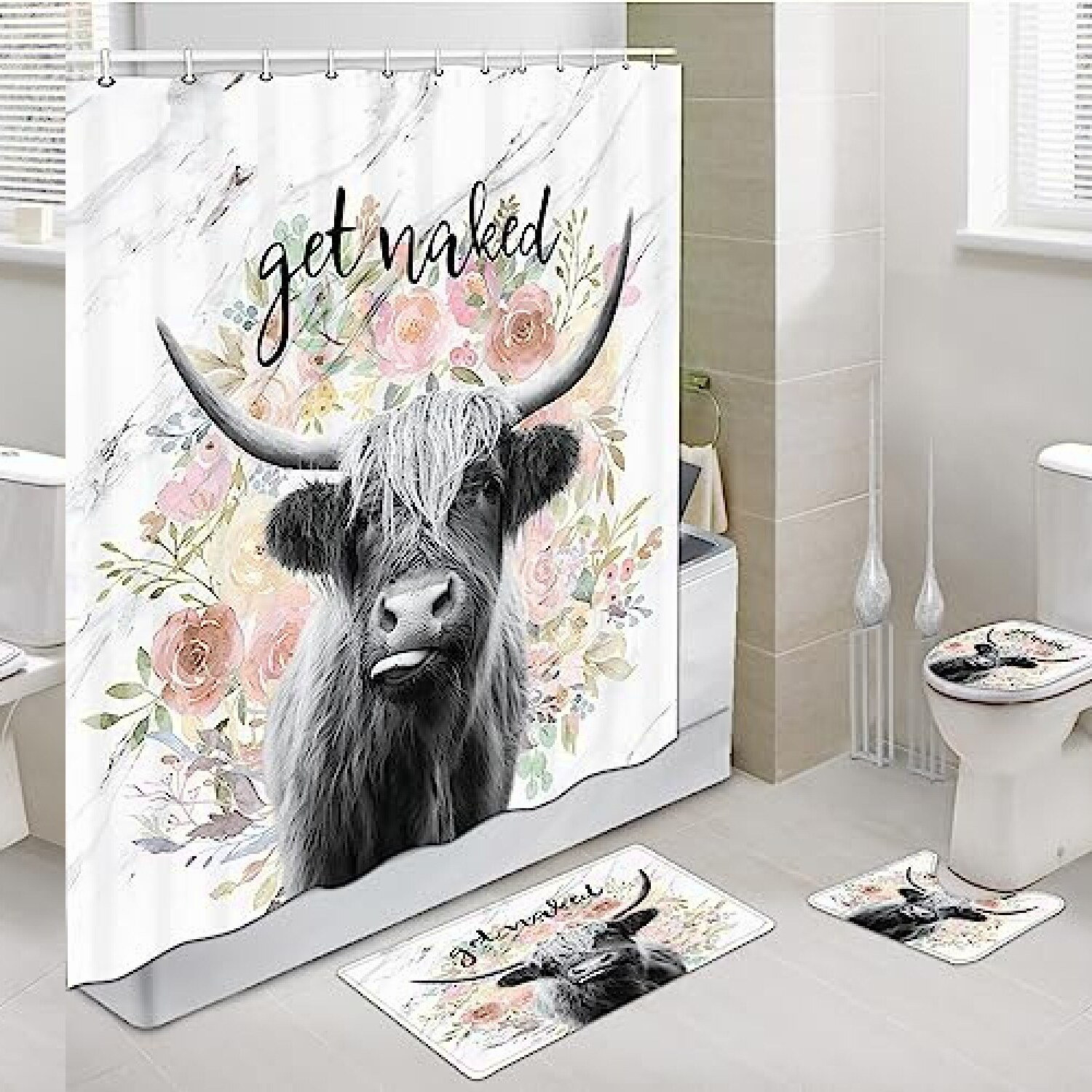 East Urban Home Farmhouse Highland Cow Shower Curtain & Bath Mat Set ...