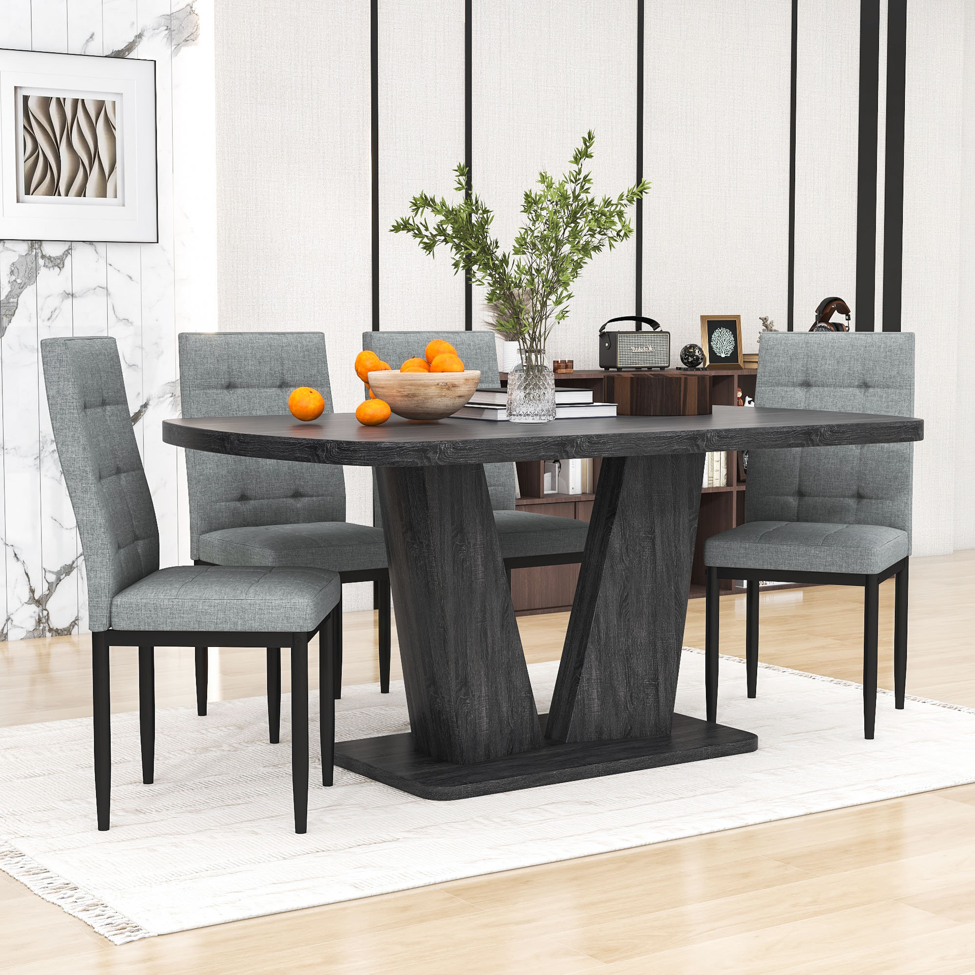 Latitude Run® Morrigna 5-Piece Dining Set, Wooden Table with V-Shaped ...