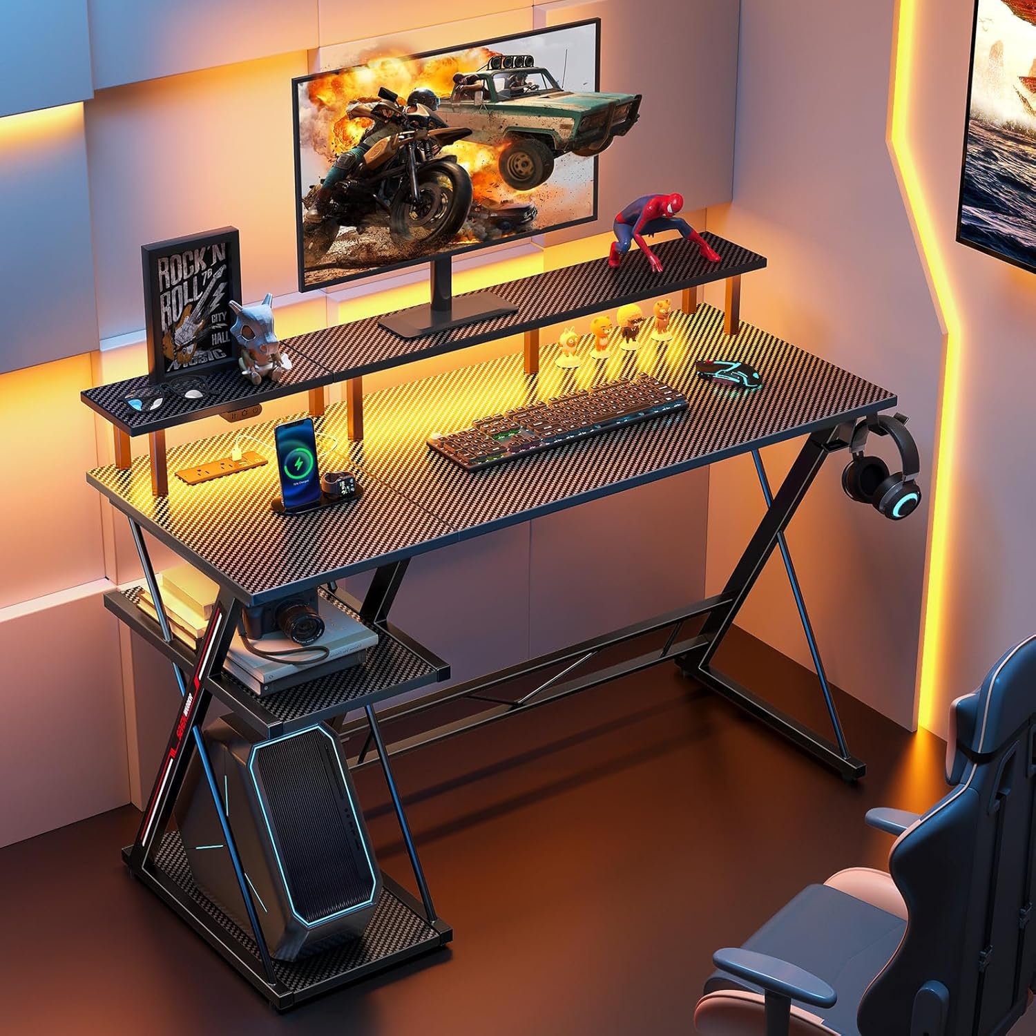 Inbox Zero Gaming Desk With RGB LED Lights, Power Outlets, Monitor ...