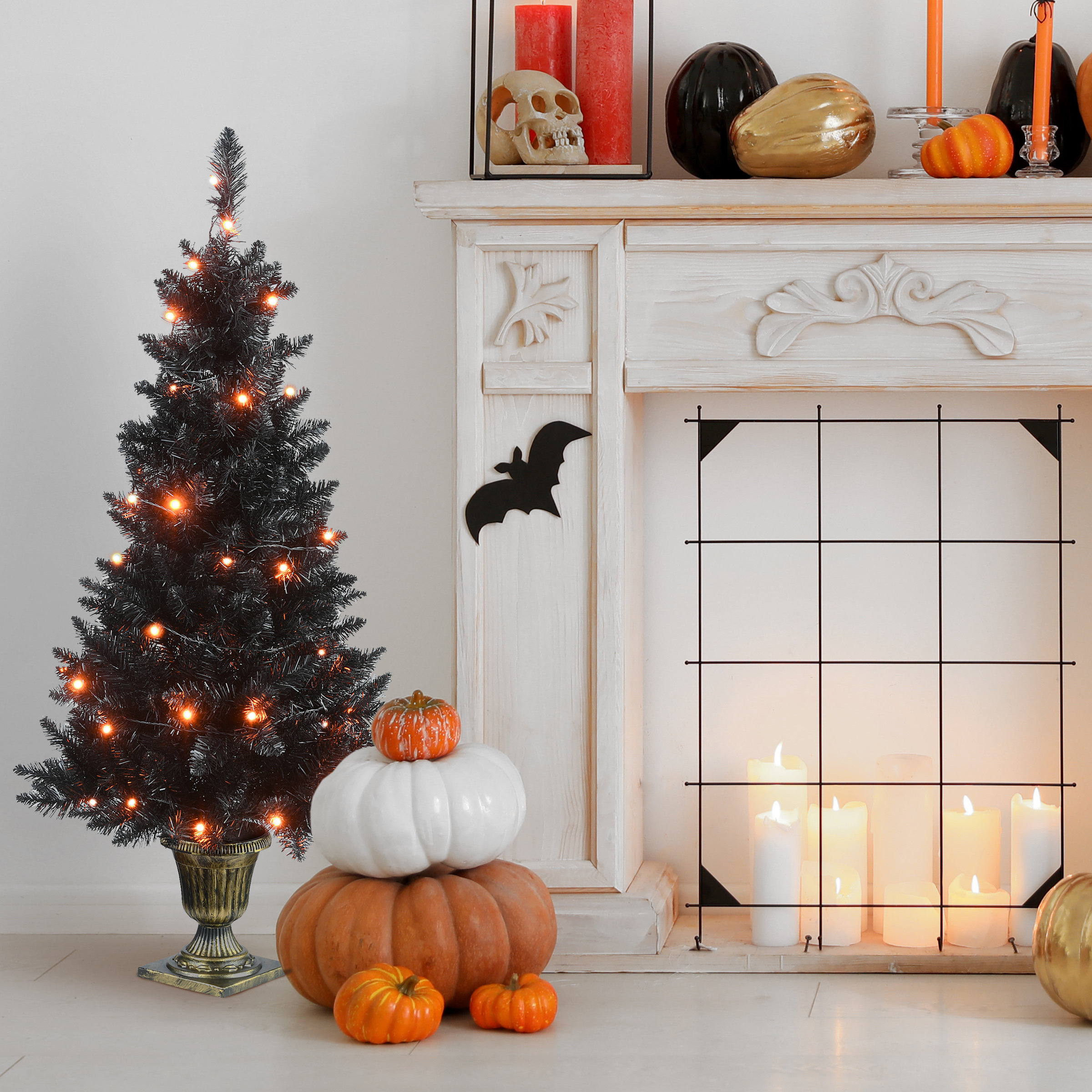 National Tree Company 4' H Black Artificial Fir Halloween Tree with 50 ...