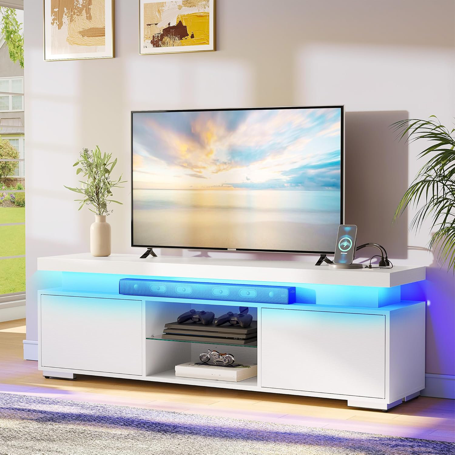 Orren Ellis Modern TV Stand With RGB Lighting, Built-In Power Outlets ...
