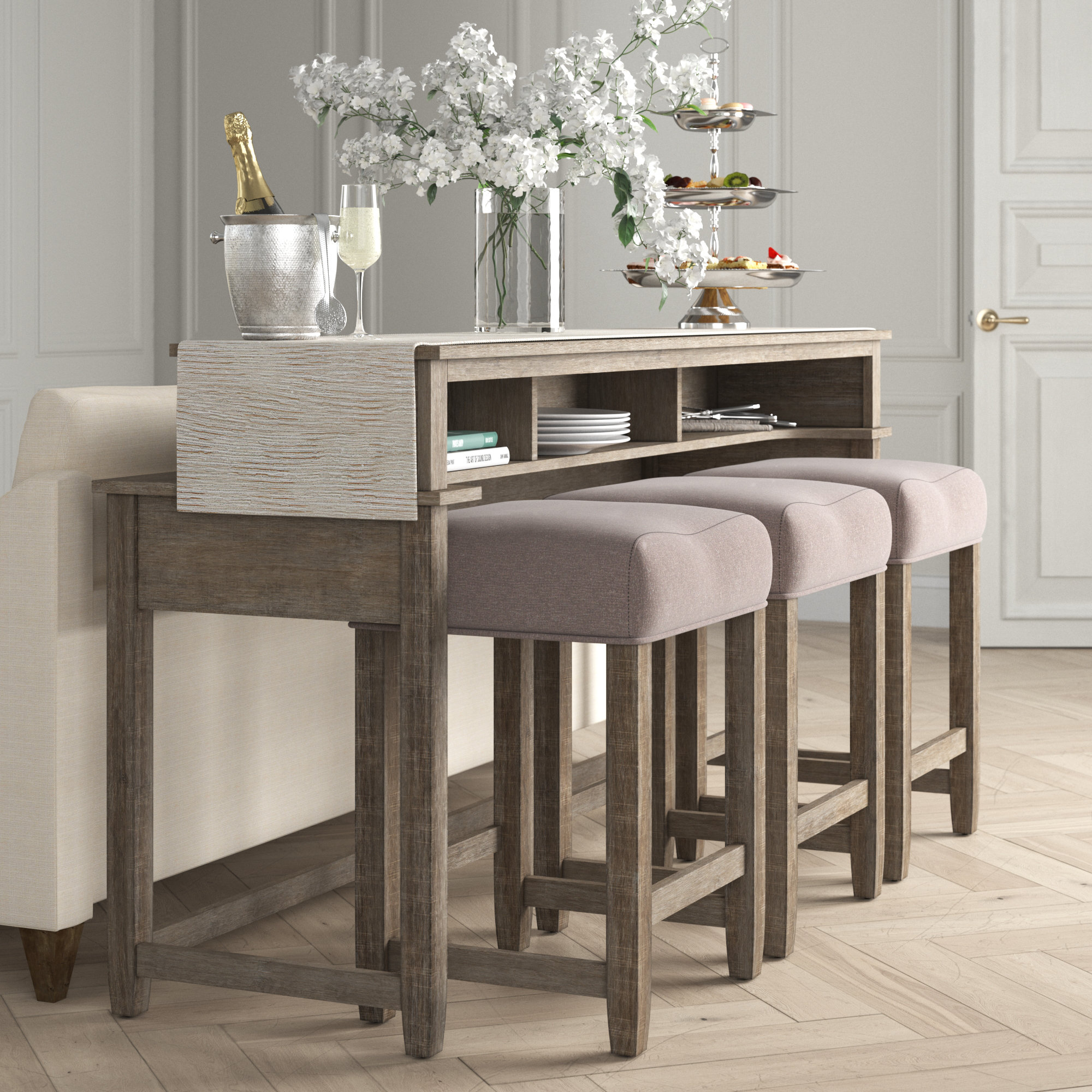 Gracie Oaks Decoste Console Table Set w/ 3 Upholstered Stools & Reviews ...