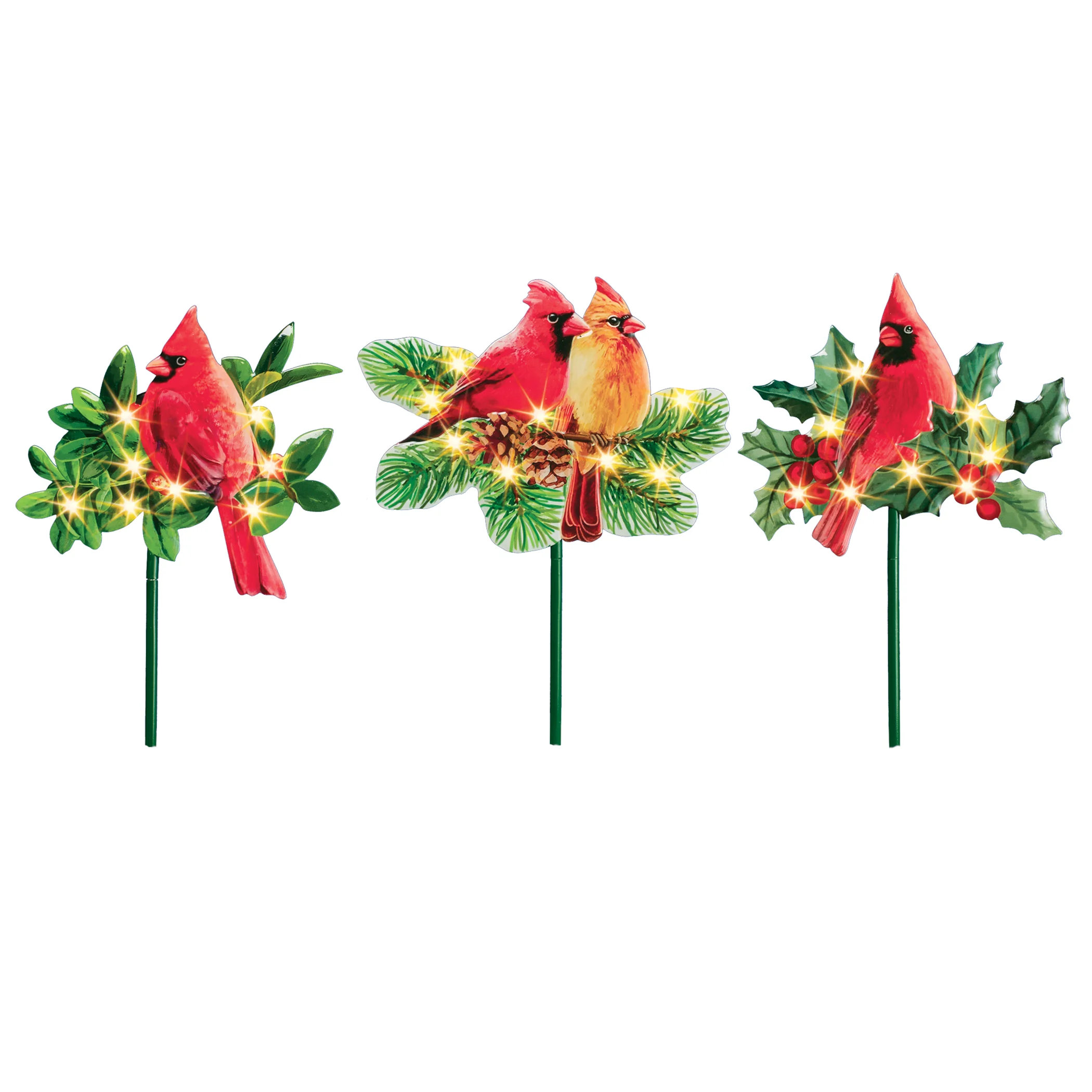 The Holiday Aisle® Solar Powered 3-Piece Cardinal Outdoor Garden Stakes ...