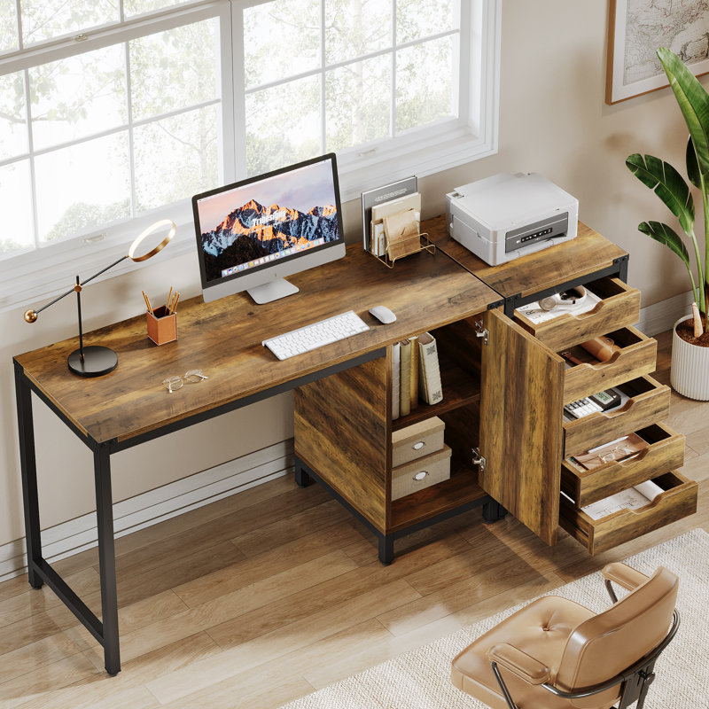 Gracie Oaks Reversible Computer Desk With Cabinet And a 5-Drawer ...