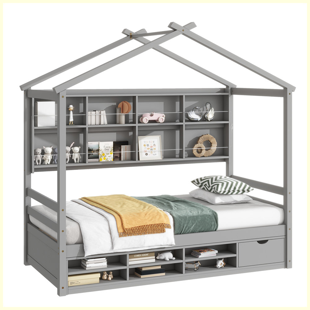 Harper Orchard Modern House Bed with Roof Frame, Bedside-shelves, Under ...