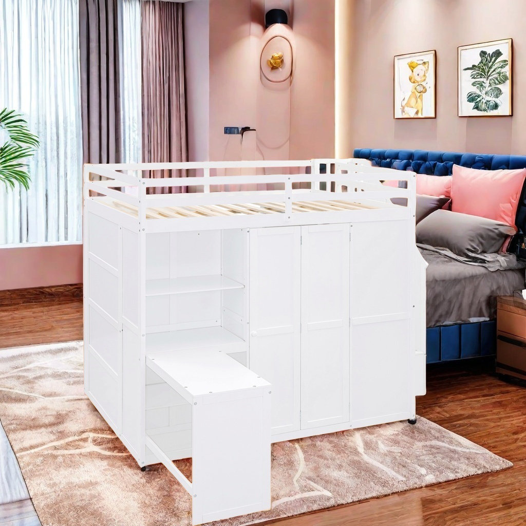 Livaca Multifunctional Loft Bed With Wardrobe Racks, Foldable Shelves ...