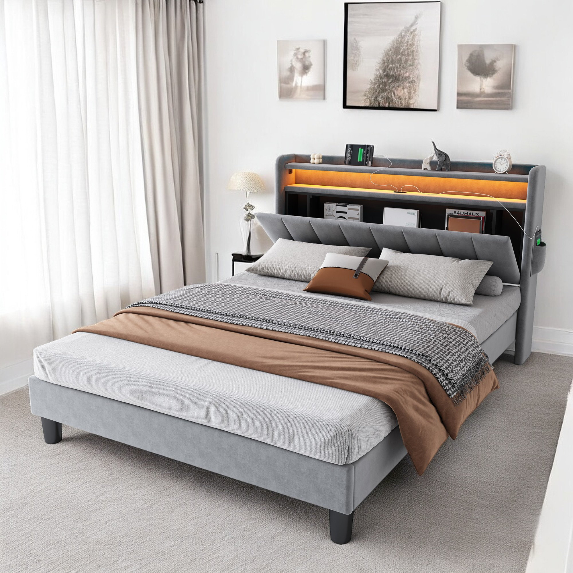 Ivy Bronx Grey Velvet Upholstered Bed Bed Lower Flap Door Storage, With ...