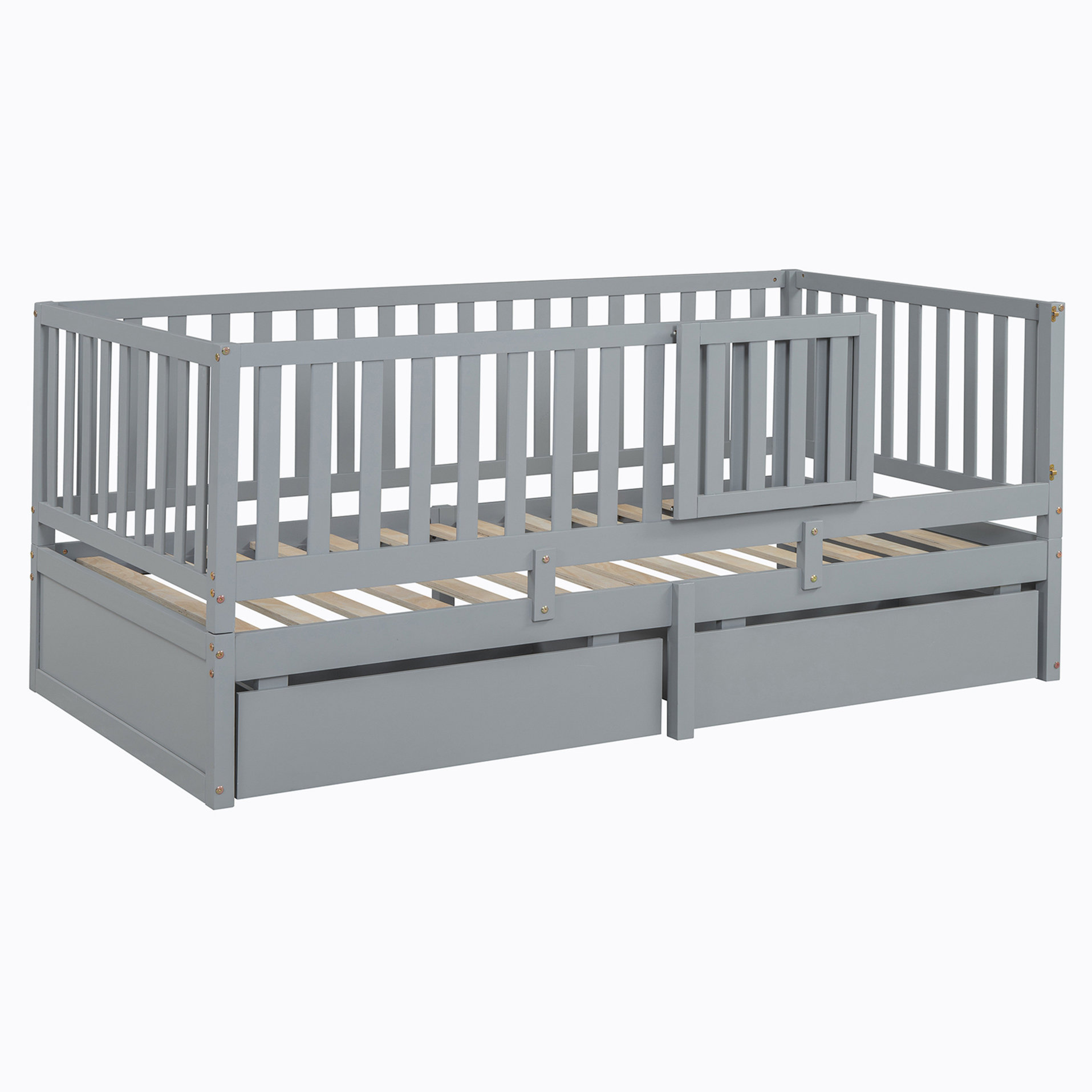Ivy Bronx Wood Daybed with Fence Guardrails and 2 Drawers, Split into ...