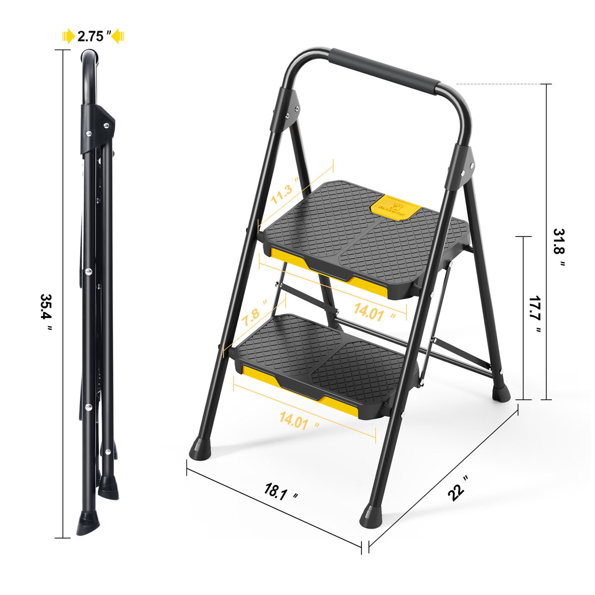 KINGRACK 2 Step Ladder,Metal ladder,Folding Step Stool Pass 800 lbs ...