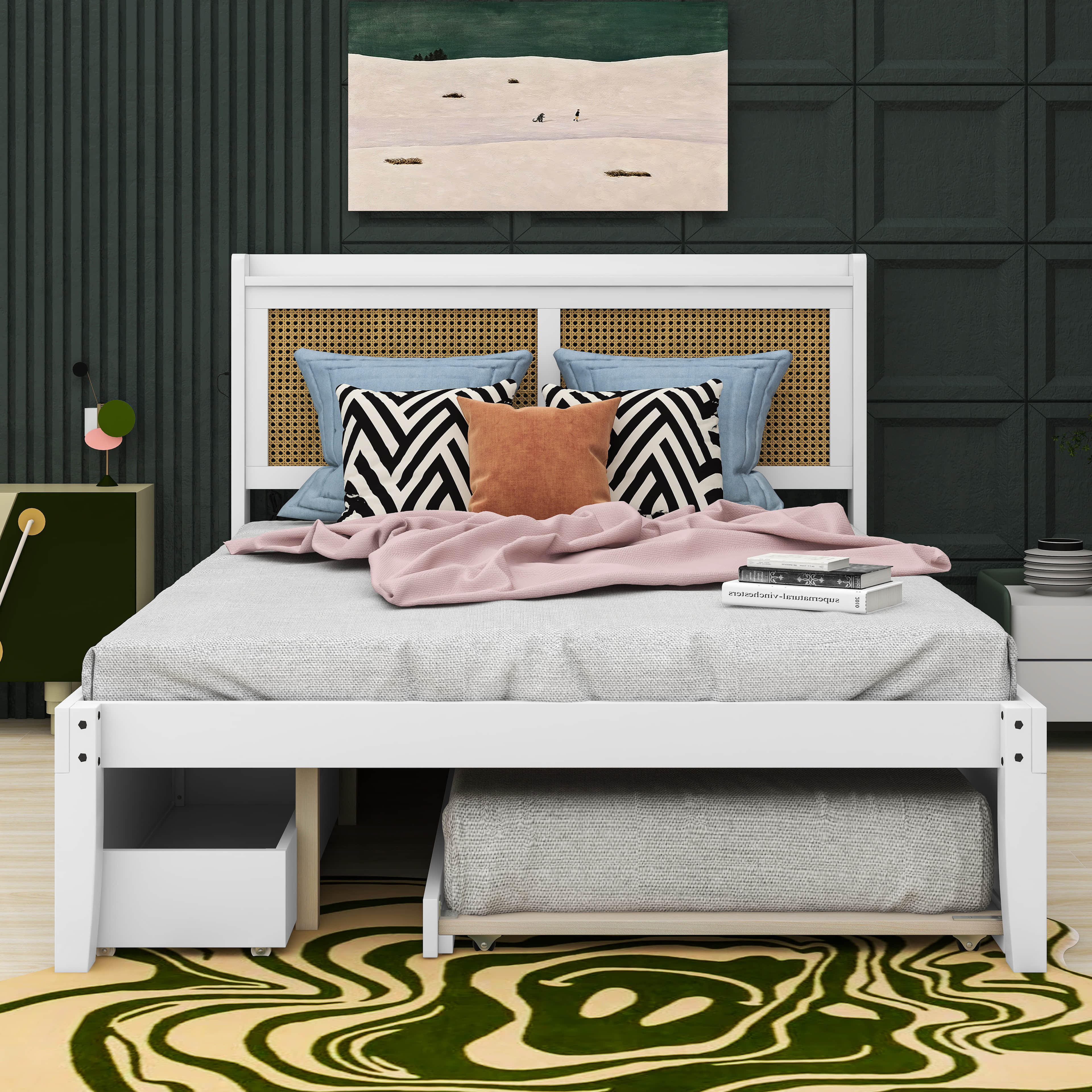 Red Barrel Studio® Queen Size Elegant Bed Frame With Rattan Headboard ...