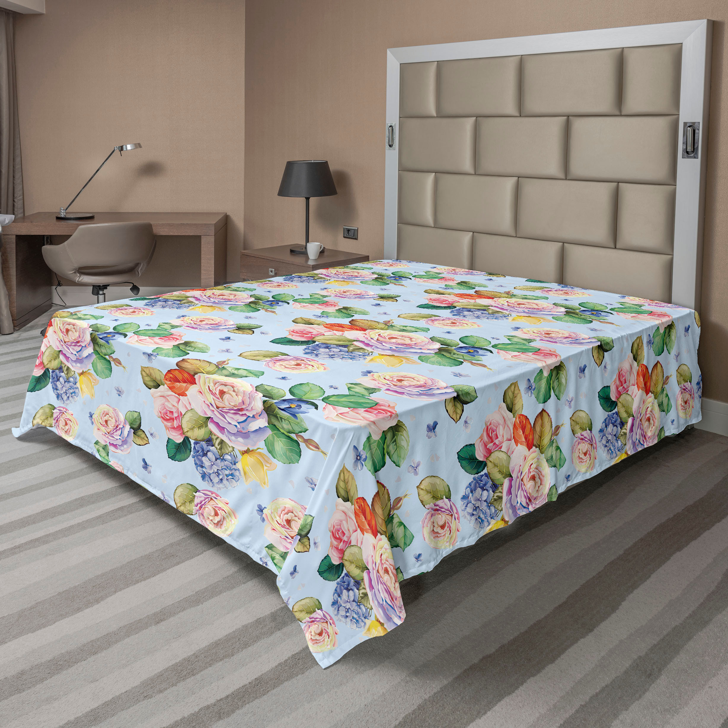 Ambesonne Hydrangea Pattern Flat Sheet Colorful Floral Pale Blue ...