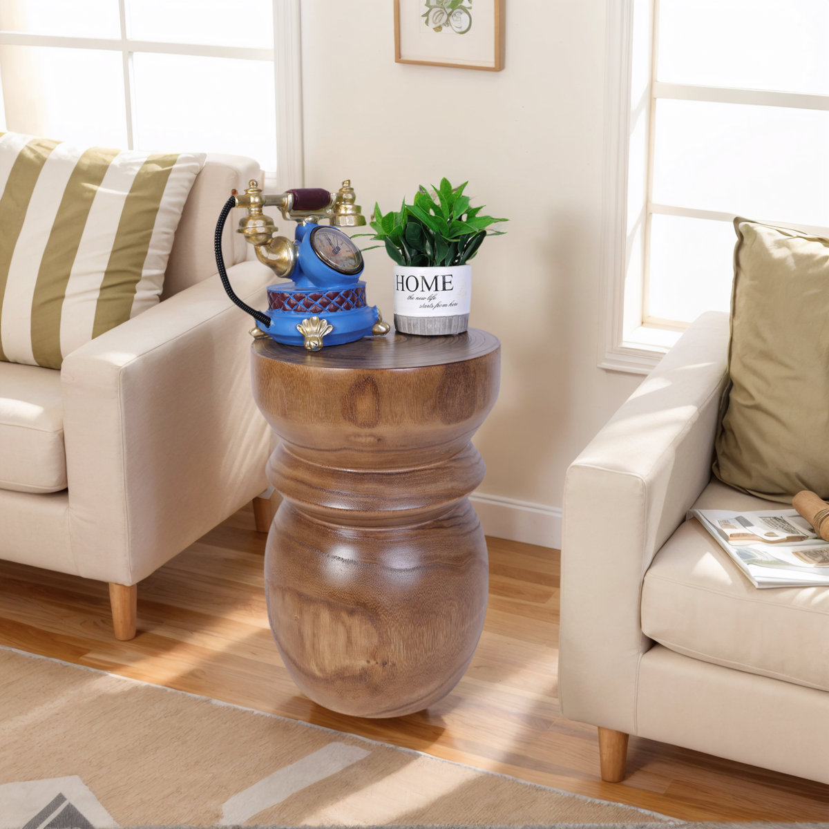 Loon Peak® Kaithleen Wooden Side Table, 15.75" Hand Carved Rustic Wood ...