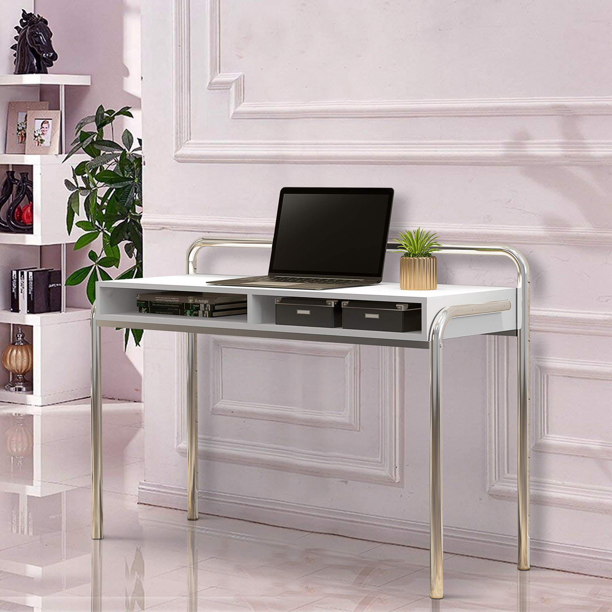 Wrought Studio™ Office Desk With 2 Compartments And Tubular Metal Frame ...