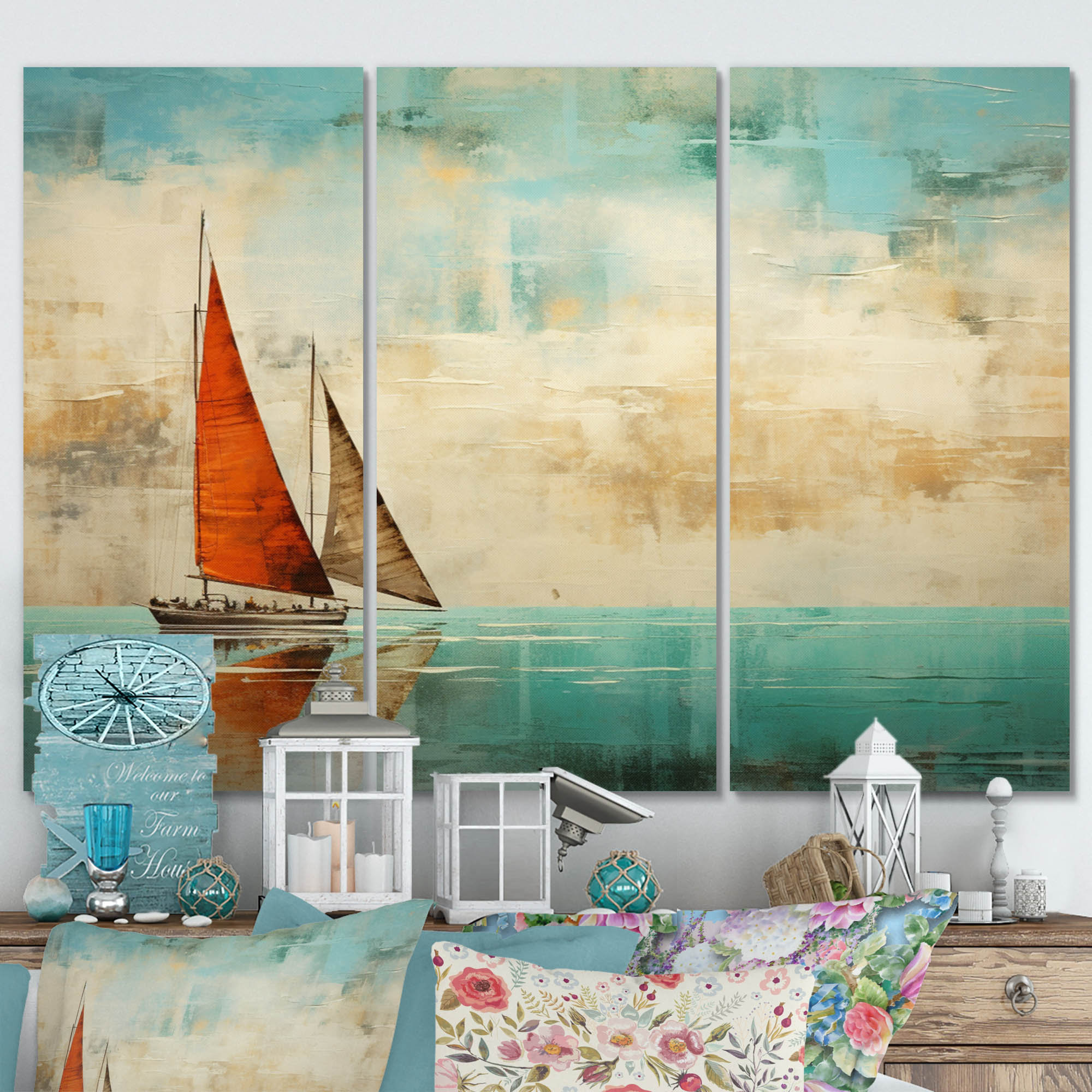 Design Art Boat Abstract Coastline III - Boat Canvas Art Print Set ...
