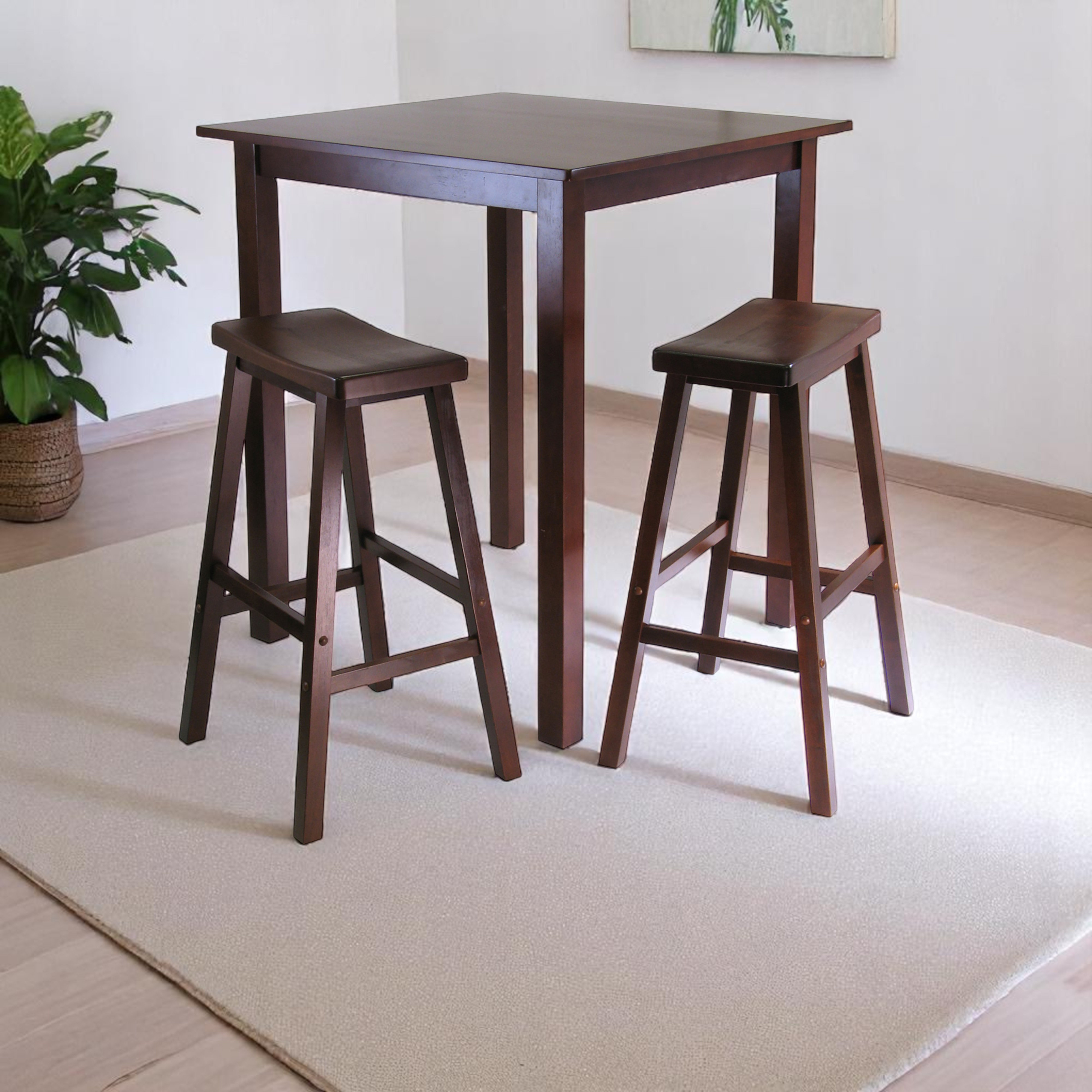 Winston Porter Hodges walnut 5-piece high table set with saddle-seat ...