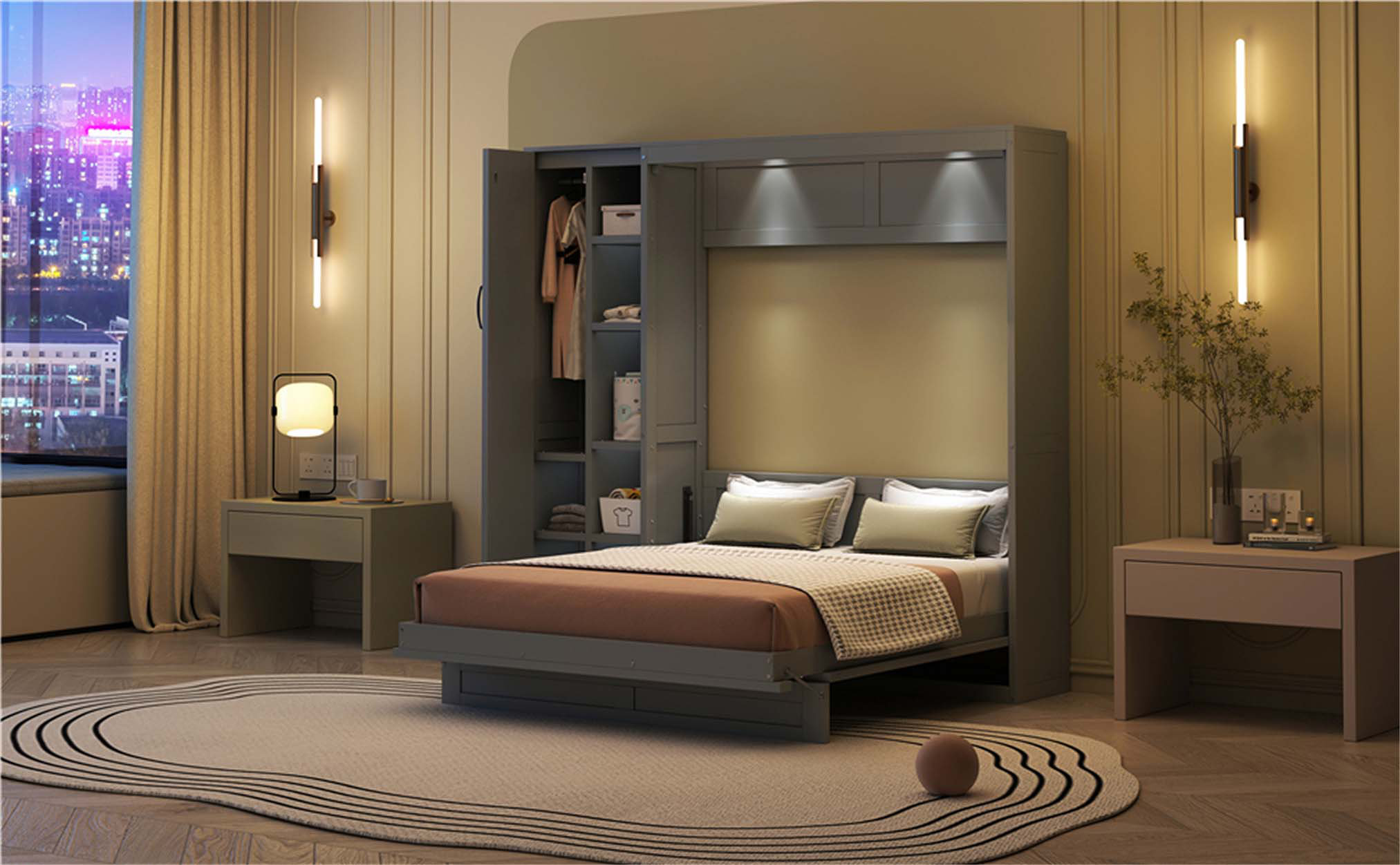 Hokku Designs Versatile Murphy Bed with Shelves and LED Lights for ...