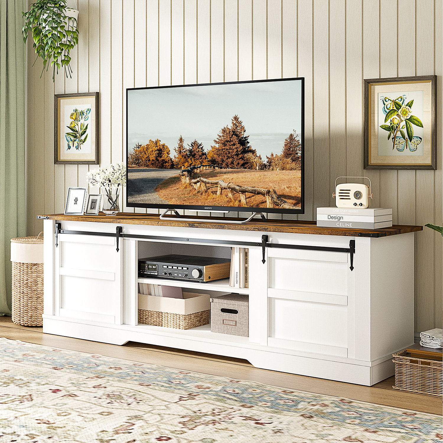 August Grove® 66” Farmhouse Tv Stand, Modern Rustic Entertainment ...