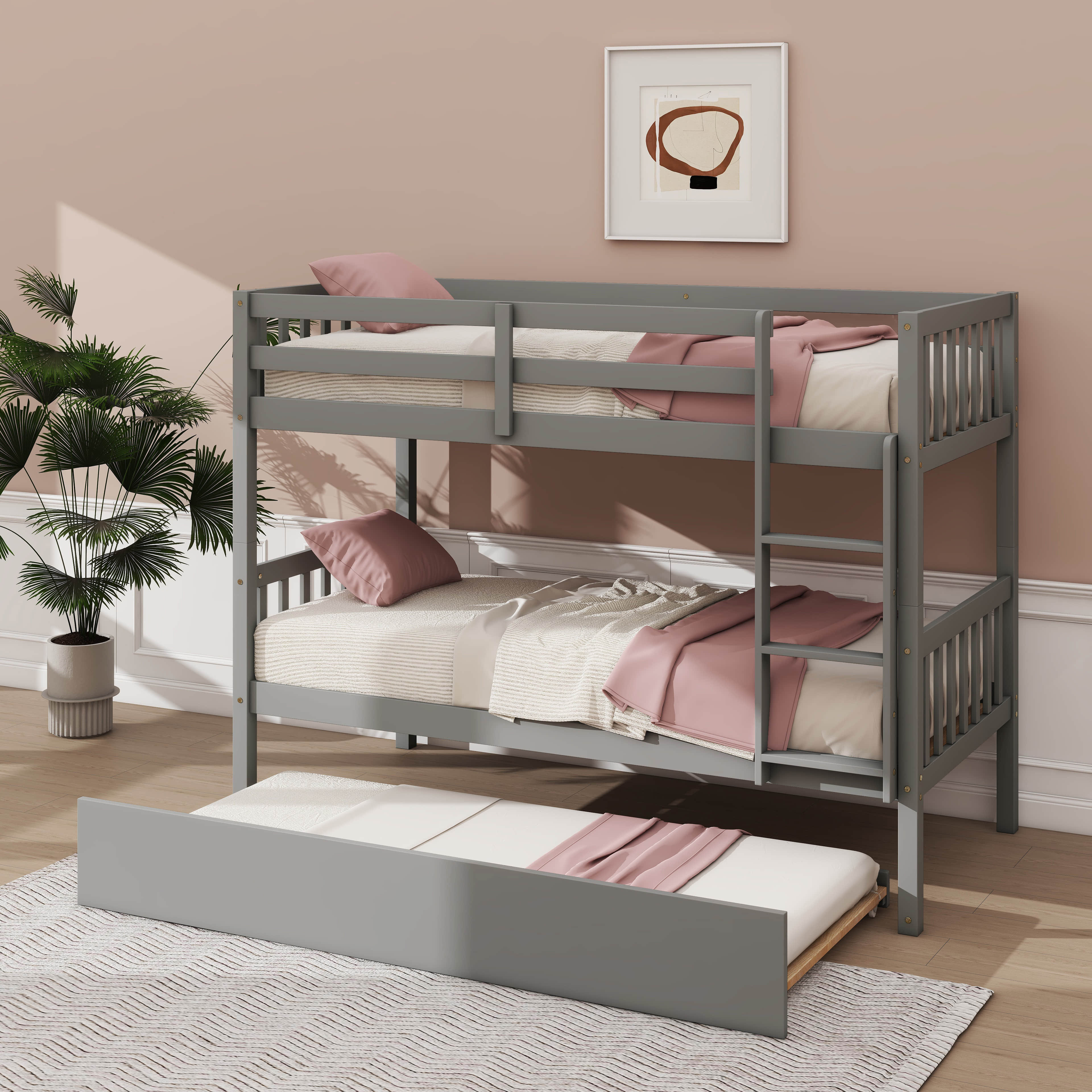 Latitude Run® Rubber Wood Bunk Bed With Pull-Out Trundle, Convertible ...