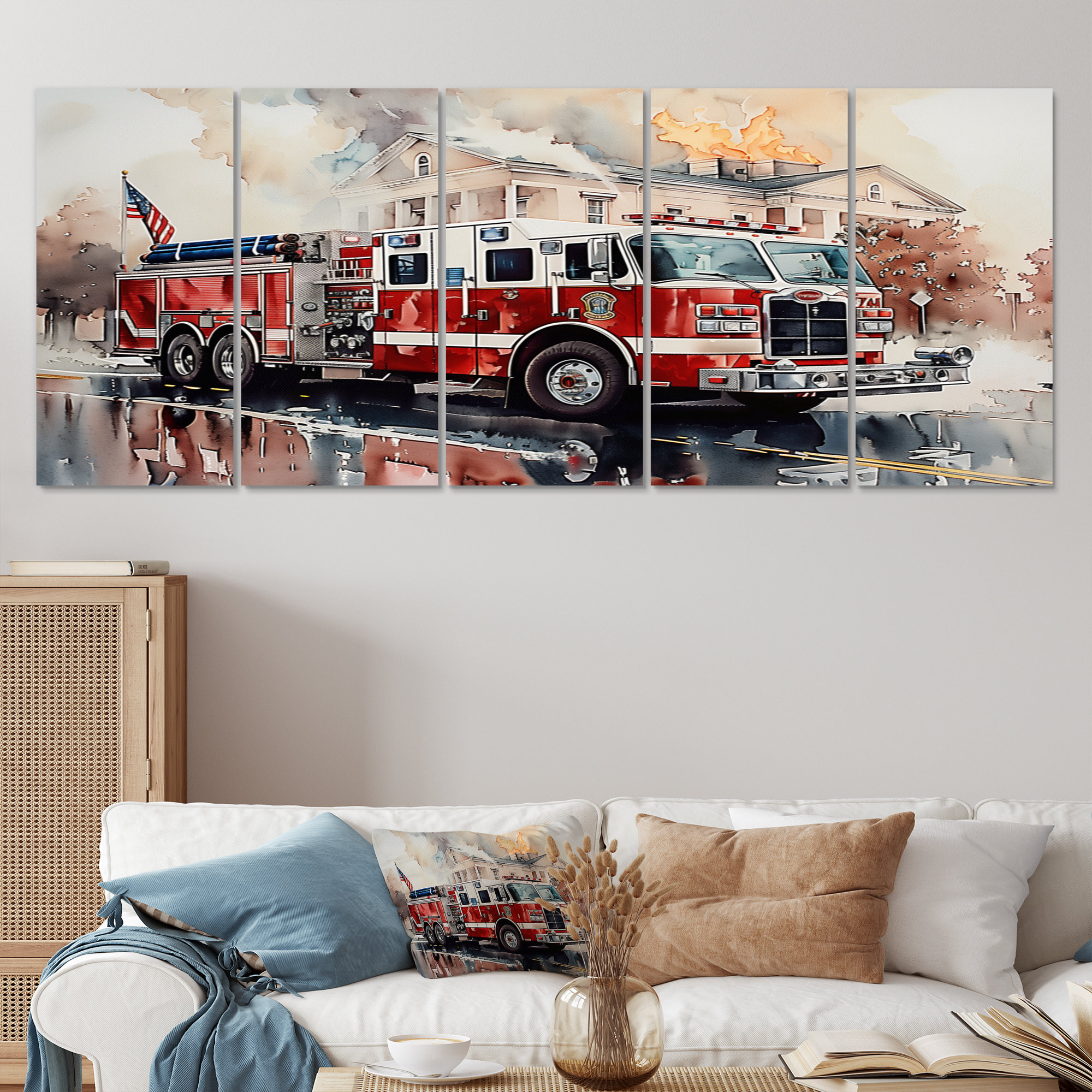 Design Art Fire Truck In The Hamptons II - Fireman Wall Art Living Room ...