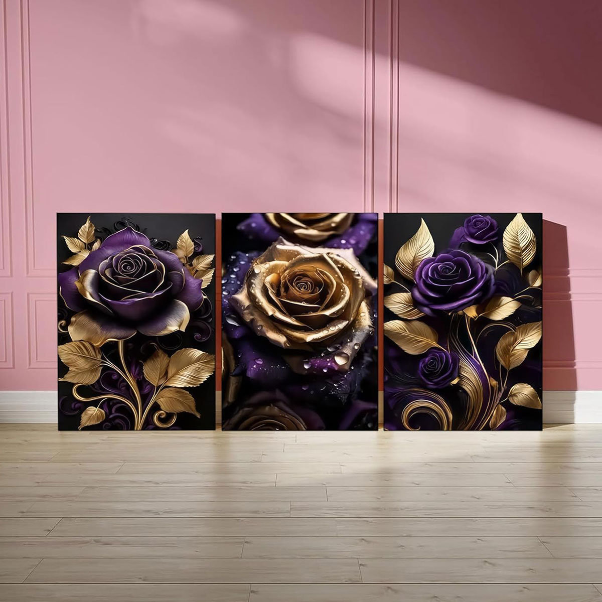 Fairmont Park 3Pcs Purple Gold Rose Canvas Wall Art Abstract Rose ...