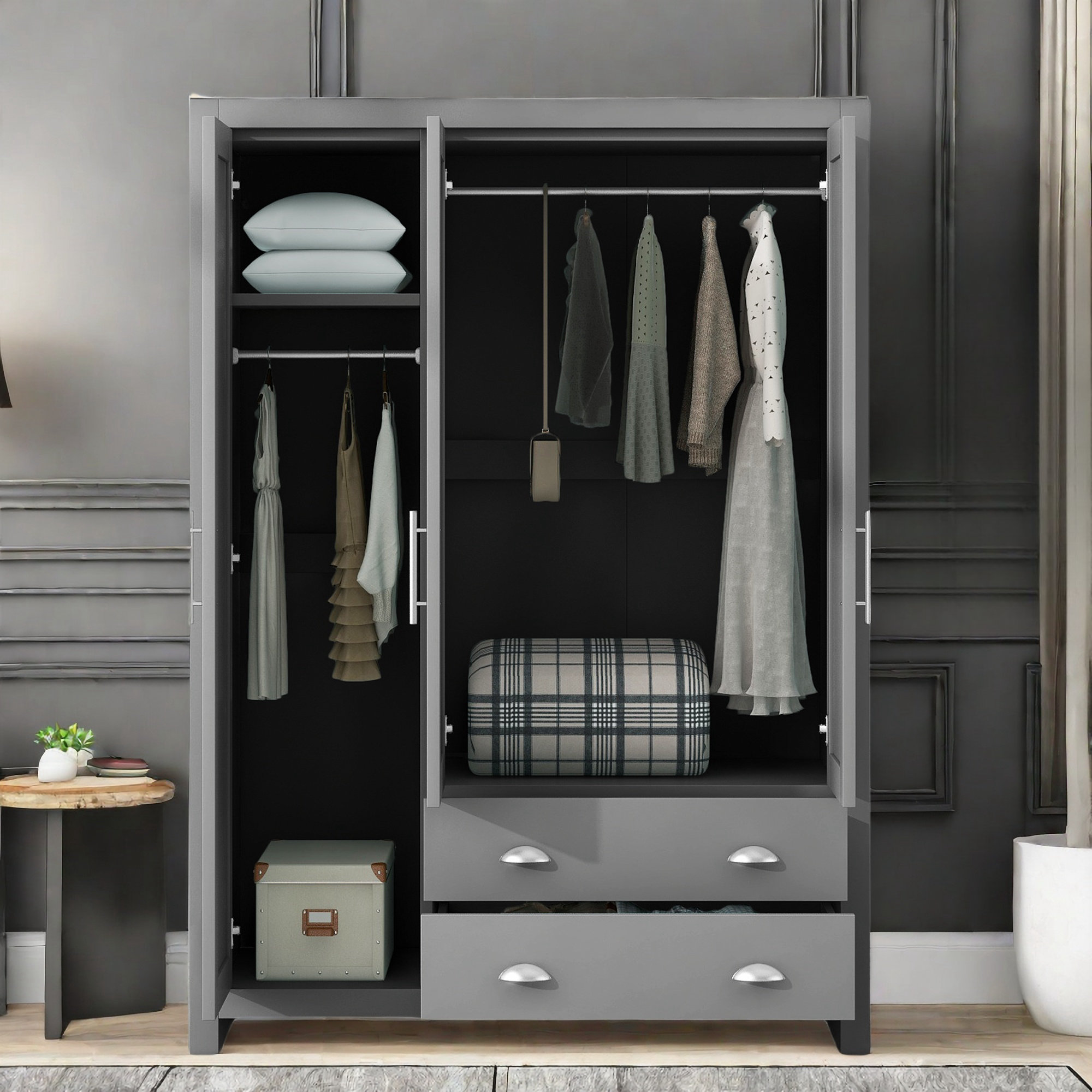 Red Barrel Studio® Hildburga Three Doors Storage Wardrobe with Cabinets ...